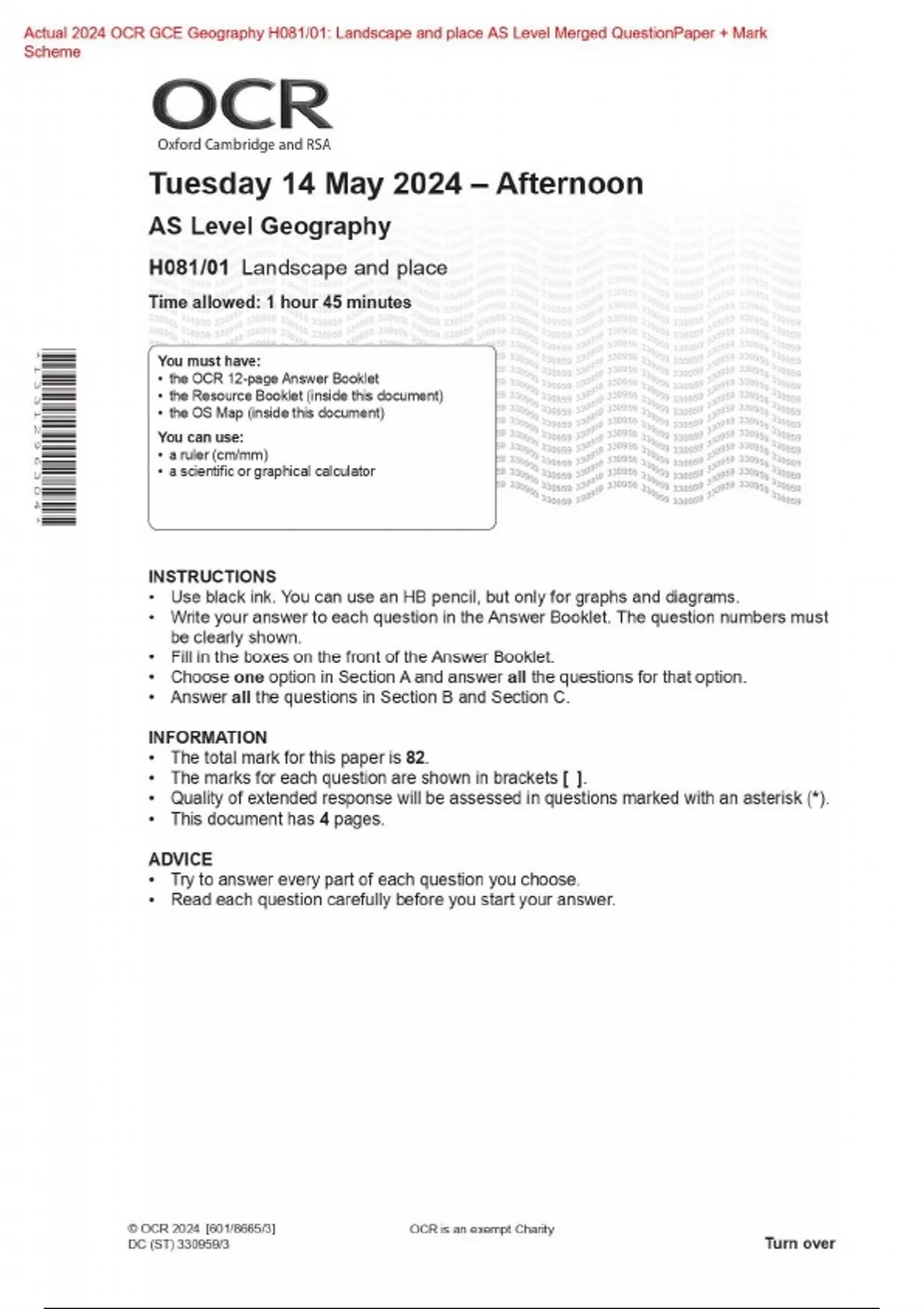 Actual 2024 OCR GCE Geography H081/01: Landscape and place AS Level ...
