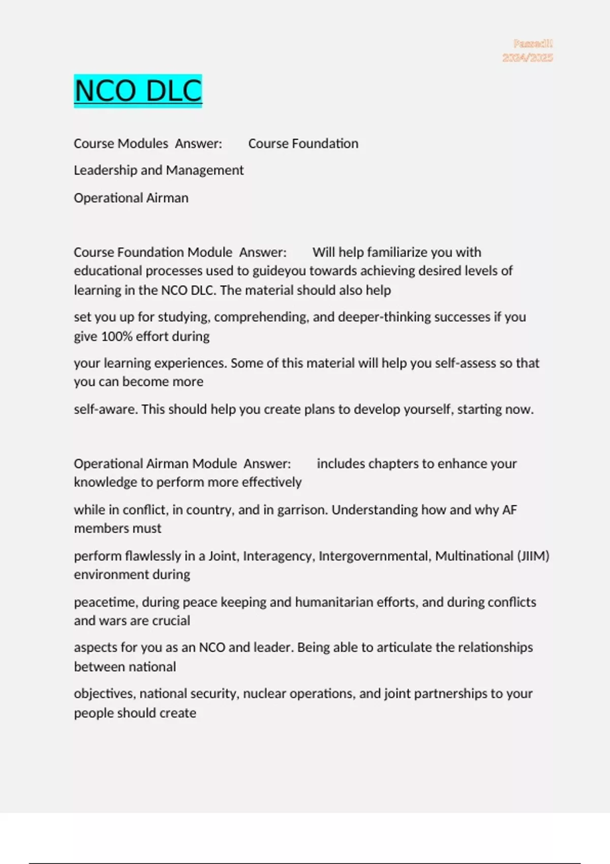 NCO DLC 2025 Solution solved 100% Passed!! - NCO DLC - Stuvia US