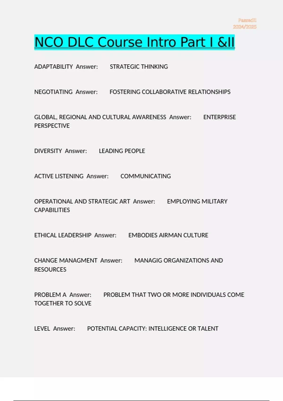 NCO DLC Course Intro Part I &II 2025 Solution solved 100% Passed ...