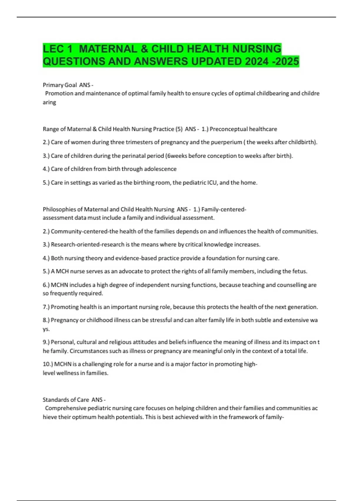 LEC 1 MATERNAL & CHILD HEALTH NURSING QUESTIONS AND ANSWERS UPDATED - Maternal & Child Health ...