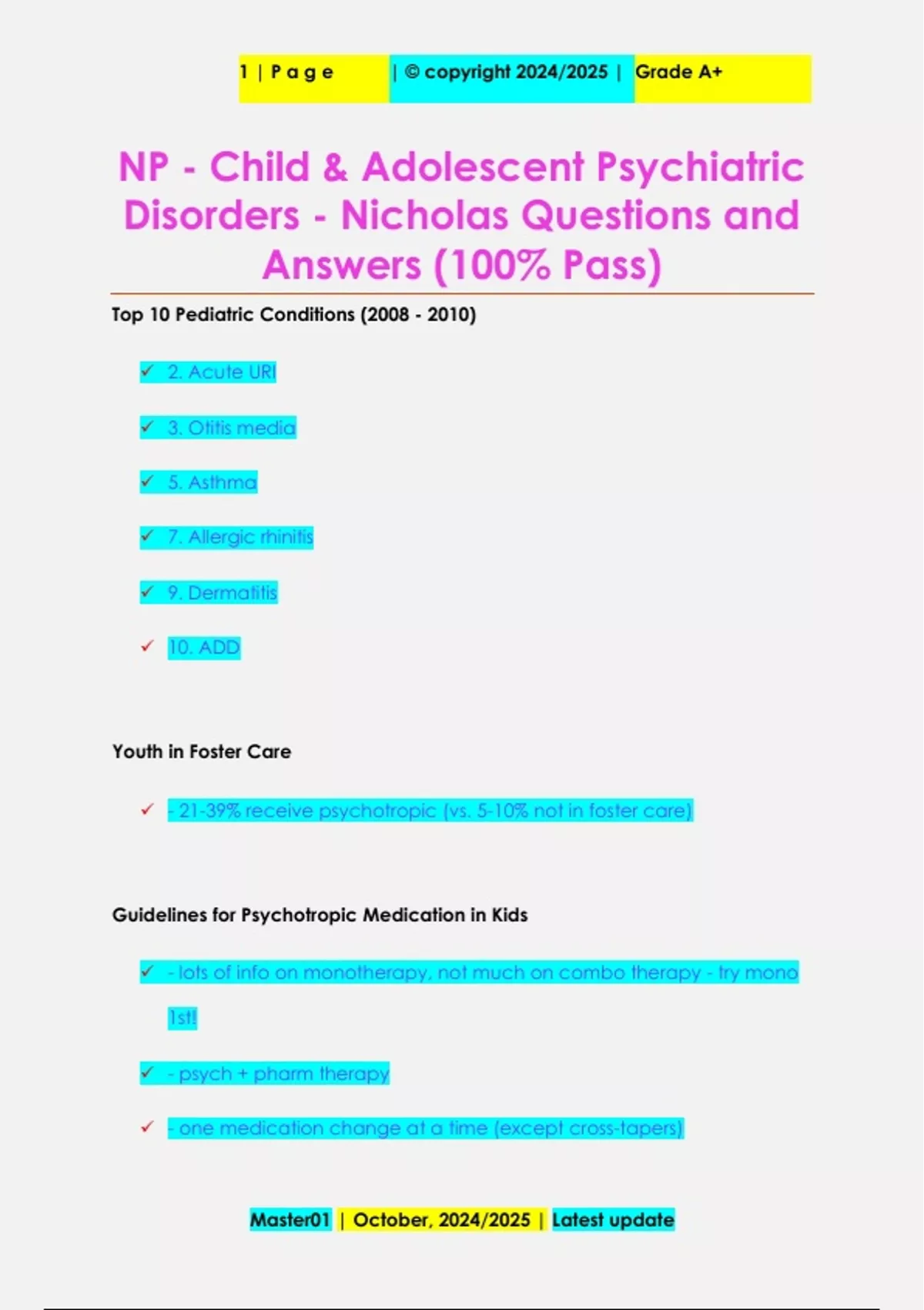 NP - Child & Adolescent Psychiatric Disorders - Nicholas Questions and ...