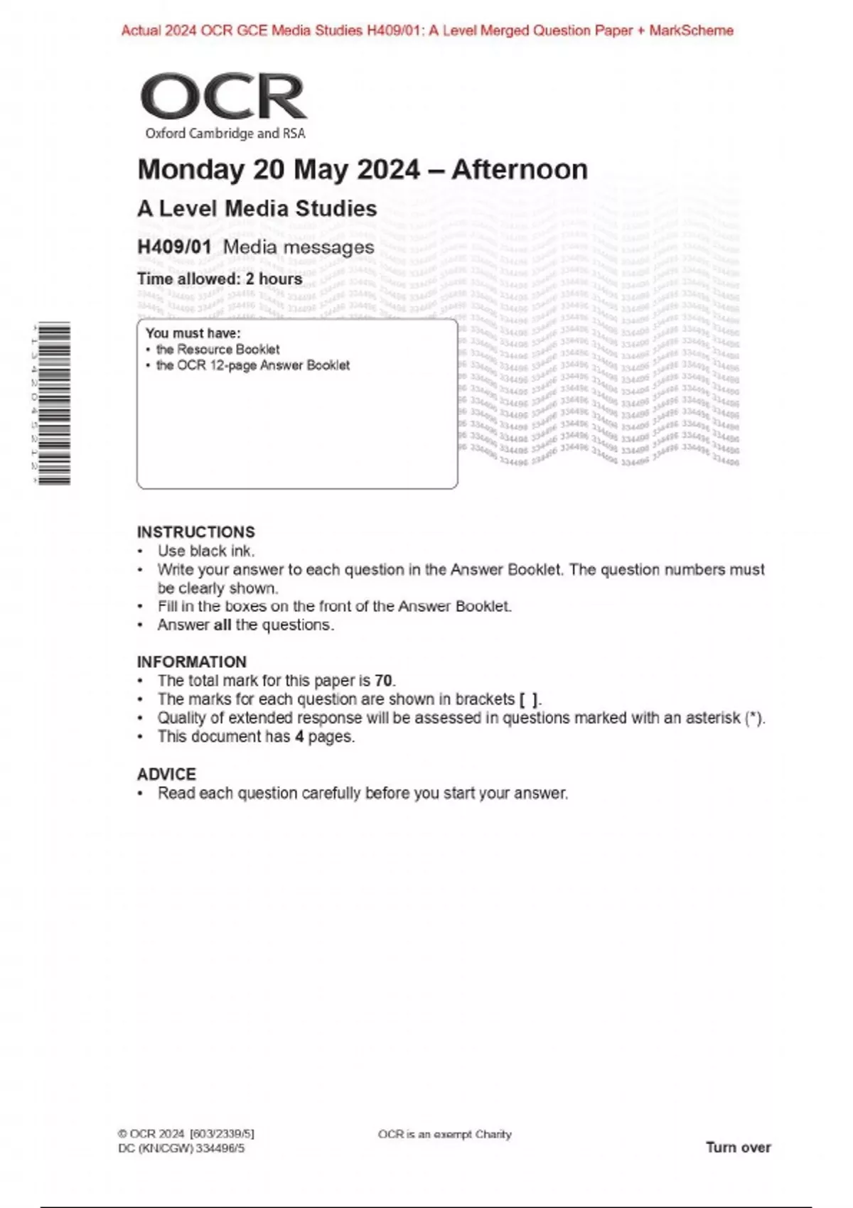 Actual 2024 OCR GCE Media Studies H409/01: Media messages A Level Merged QuestionPaper + Mark ...