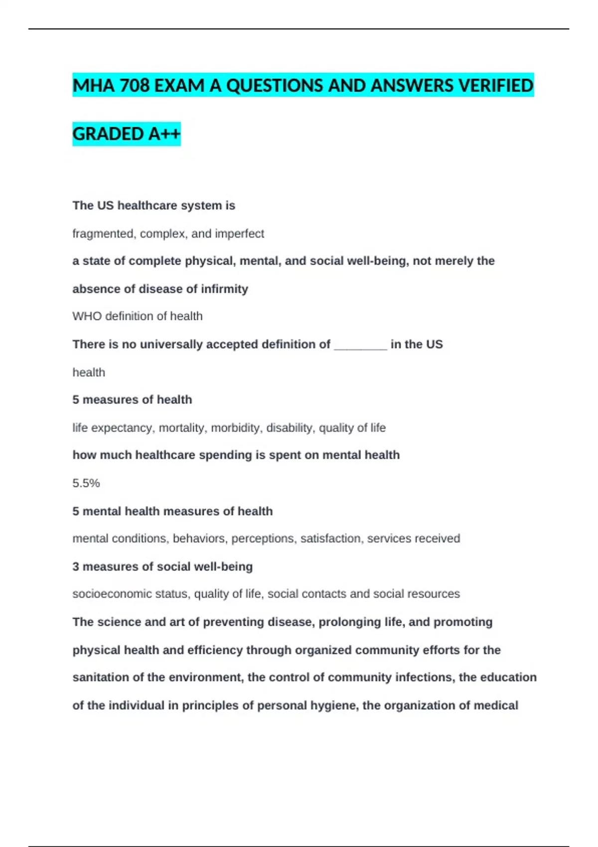 MHA 708 EXAM A QUESTIONS AND ANSWERS VERIFIED GRADED A++ - MHA 708 ...