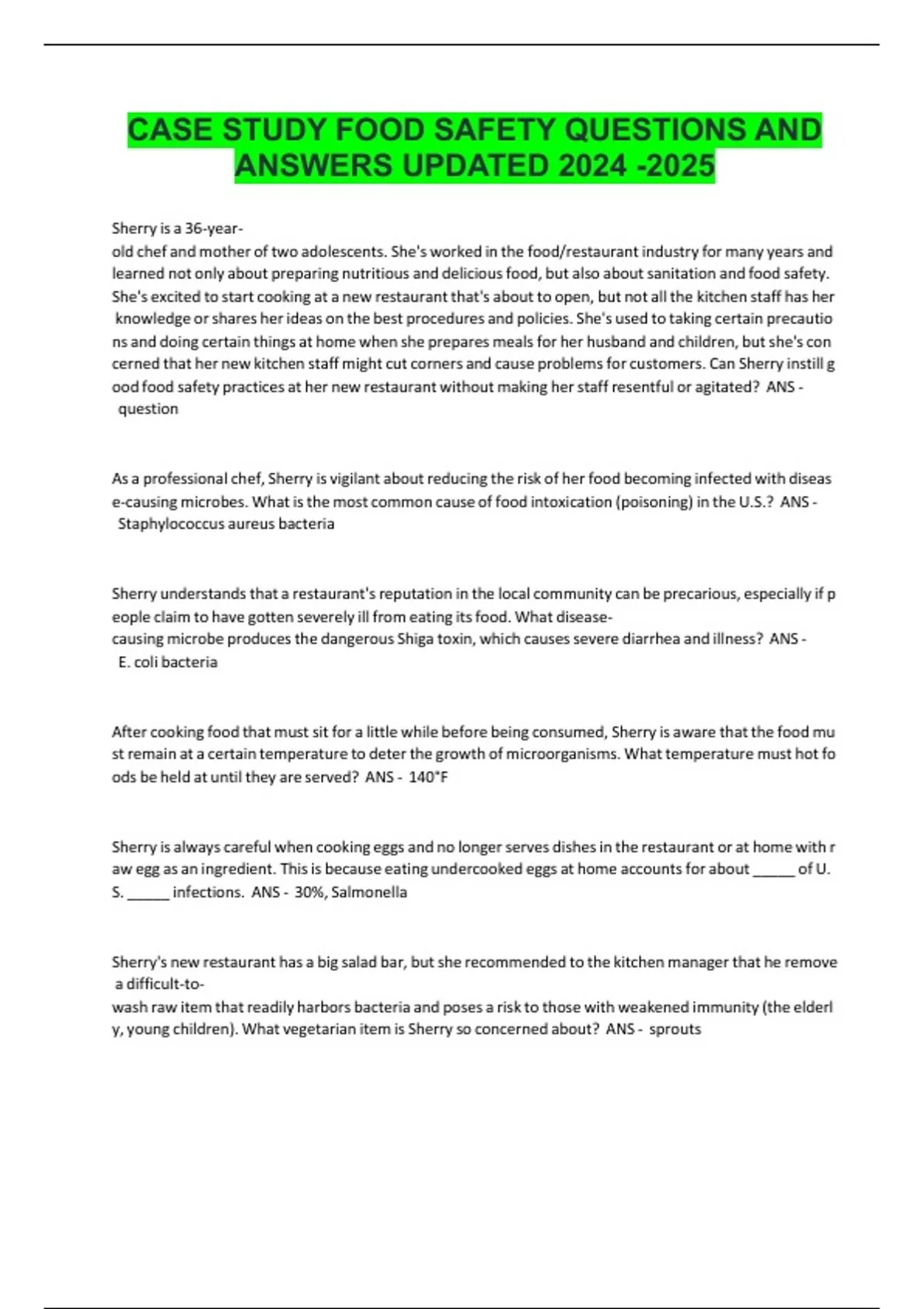 CASE STUDY FOOD SAFETY QUESTIONS AND ANSWERS UPDATED - SOC 200 - Stuvia US