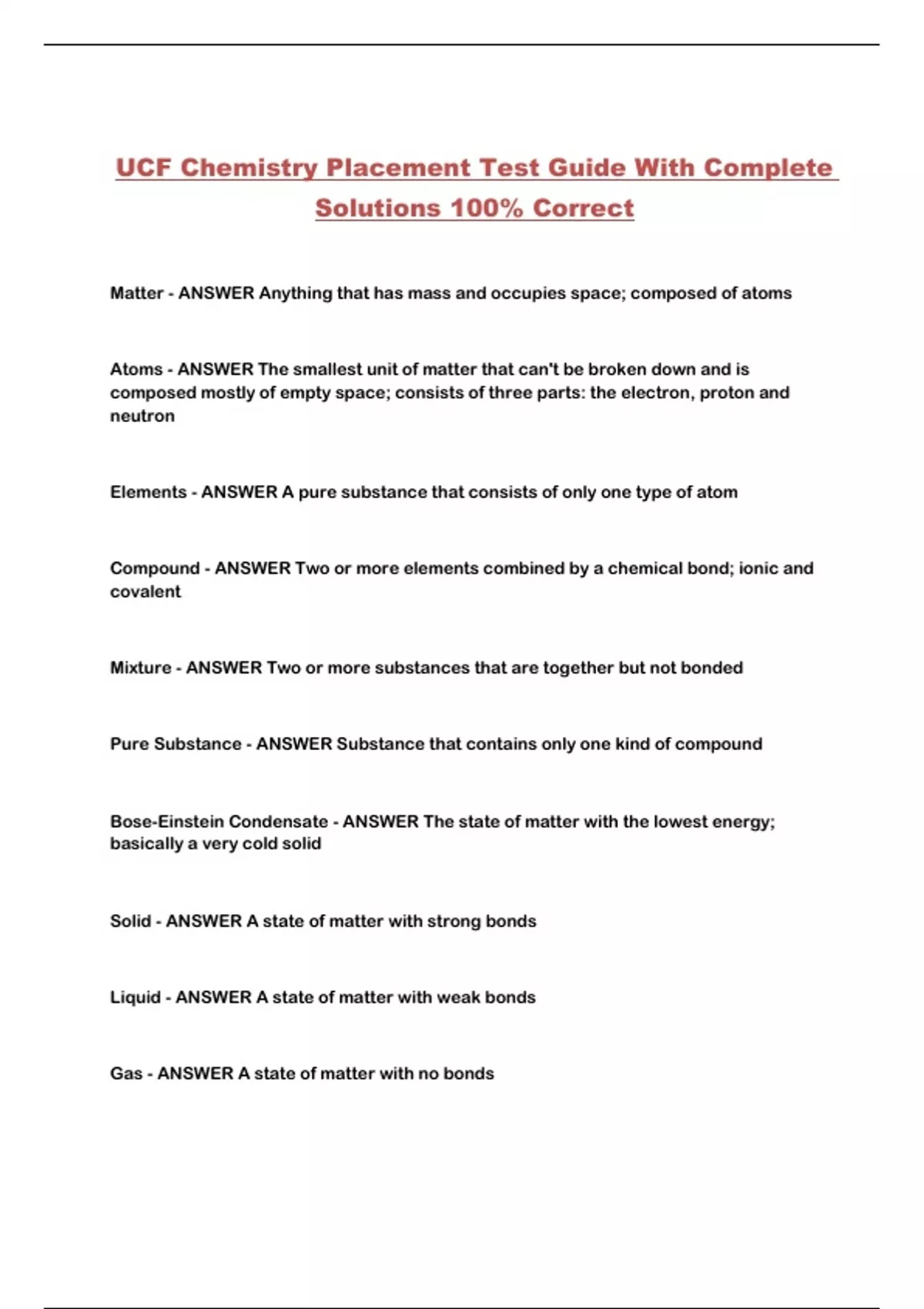 UCF Chemistry Placement Test Guide With Complete Solutions 100% Correct ...