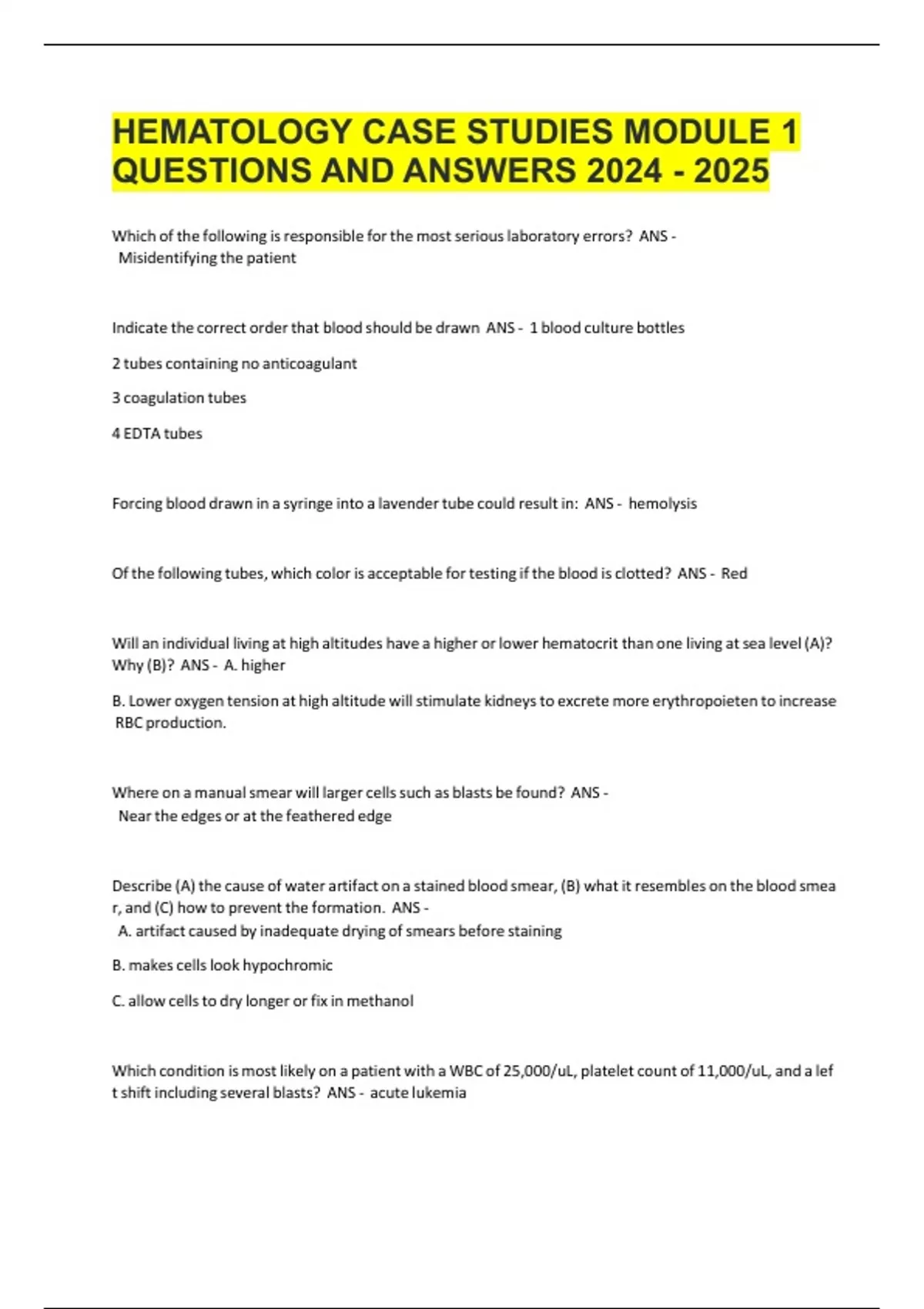 HEMATOLOGY CASE STUDIES MODULE 1 QUESTIONS AND ANSWERS - SOC 200 ...