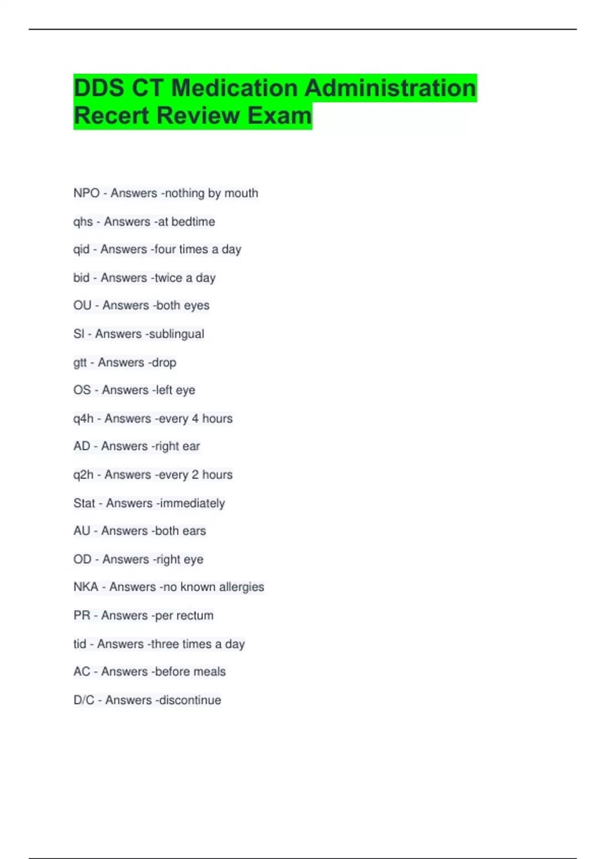 DDS CT Medication Administration Recert Review Exam Questions and ...