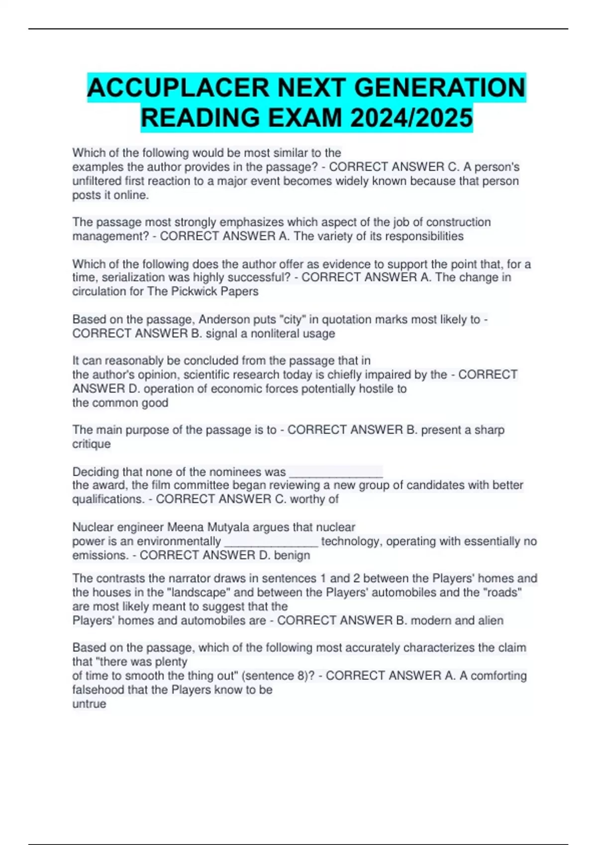 Accuplacer Next Generation Reading Exam 2024 2025 Accuplacer Next Generation Reading Stuvia Us