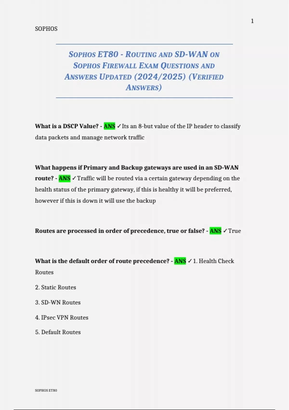 SOPHOS ET80 - ROUTING AND SD-WAN ON SOPHOS FIREWALL EXAM QUESTIONS AND ...