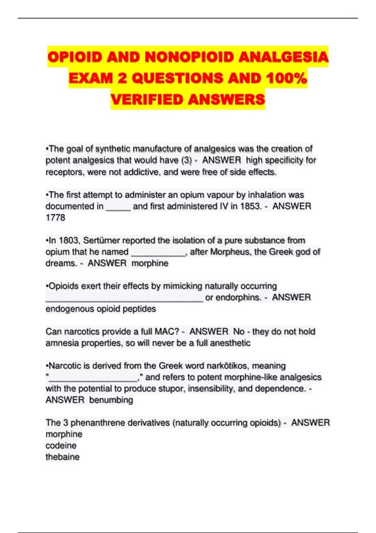 OPIOID AND NONOPIOID ANALGESIA EXAM 2 QUESTIONS AND 100% VERIFIED ...