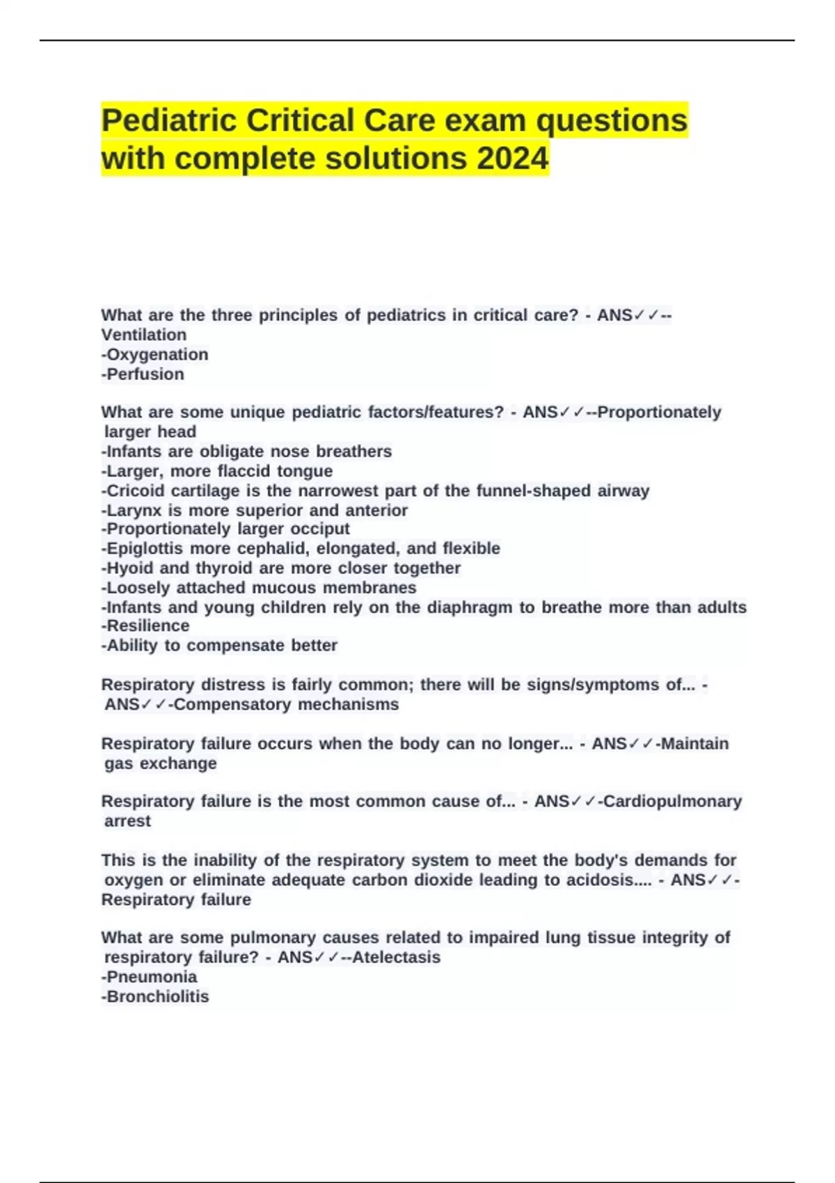 Pediatric Critical Care exam questions with complete solutions 2024 ...