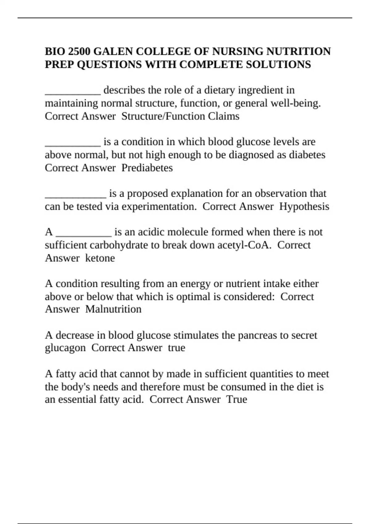 BIO 2500 GALEN COLLEGE OF NURSING NUTRITION PREP QUESTIONS WITH ...