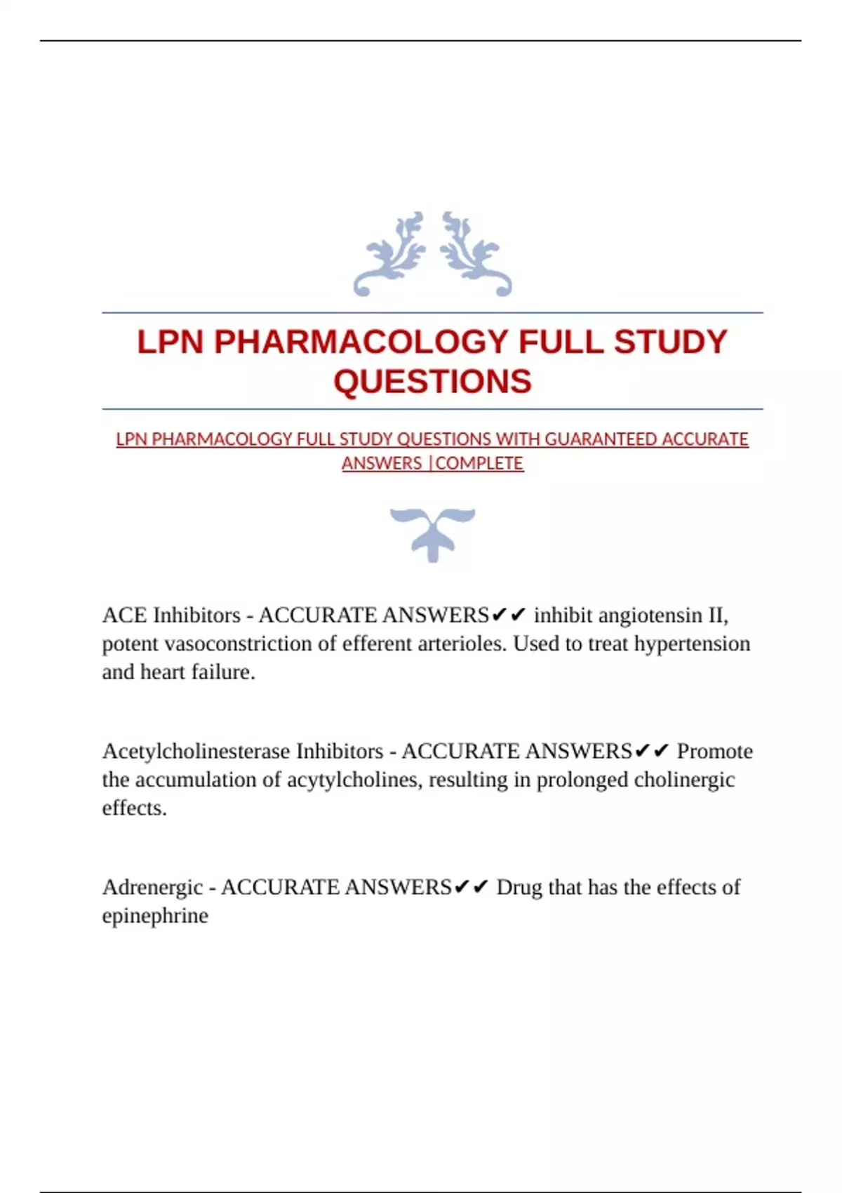 LPN PHARMACOLOGY FULL STUDY QUESTIONS WITH GUARANTEED ACCURATE ANSWERS ...