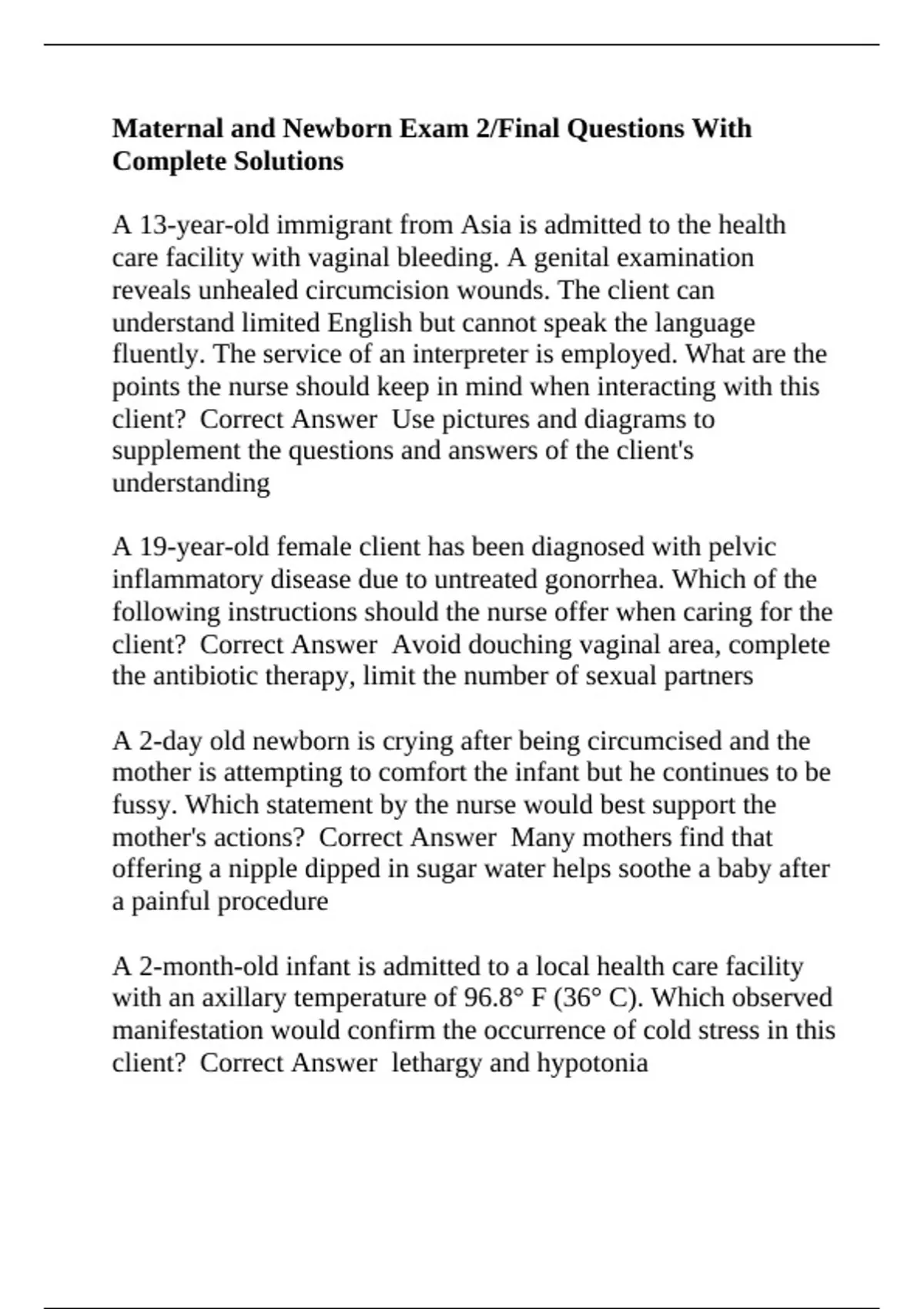 Maternal and Newborn Exam 2/Final Questions With Complete Solutions ...