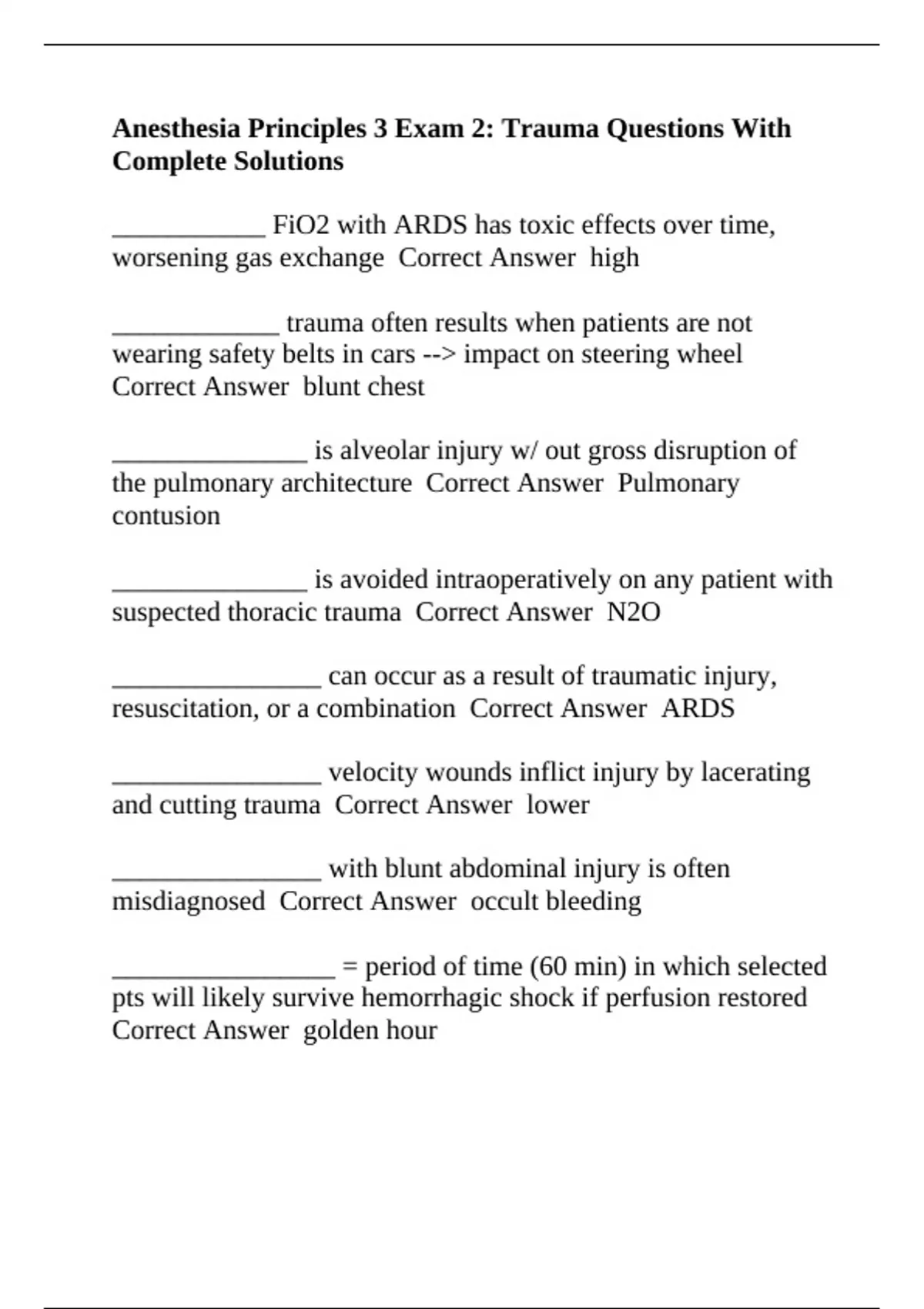 Anesthesia Principles 3 Exam 2: Trauma Questions With Complete ...