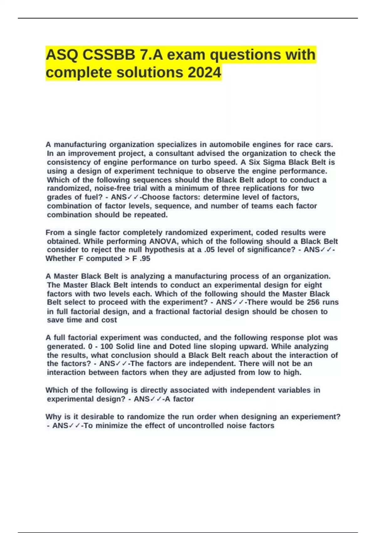 ASQ CSSBB 7.A exam questions with complete solutions 2024 - ASQ CSSBB ...