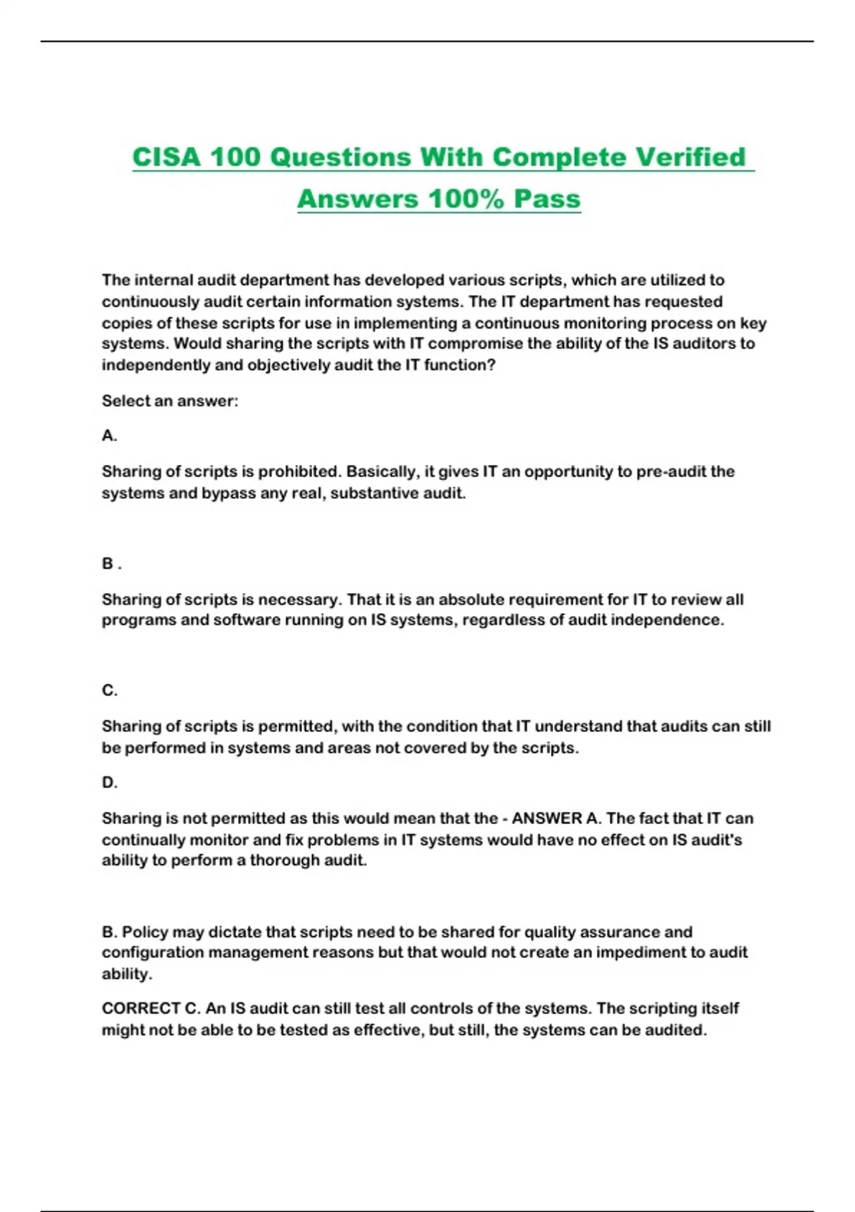 CISA 100 Questions With Complete Verified Answers 100% Pass - CISA 100 ...