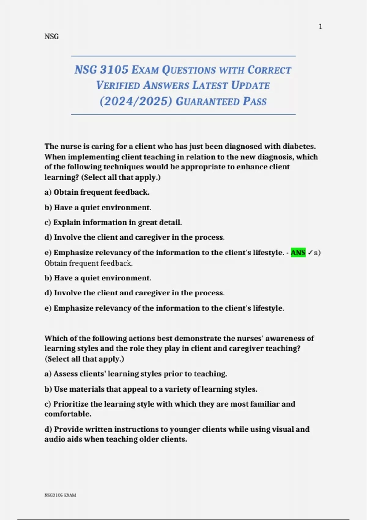NSG 3105 – Exam Review | Verified Questions & Correct Answers | Latest ...