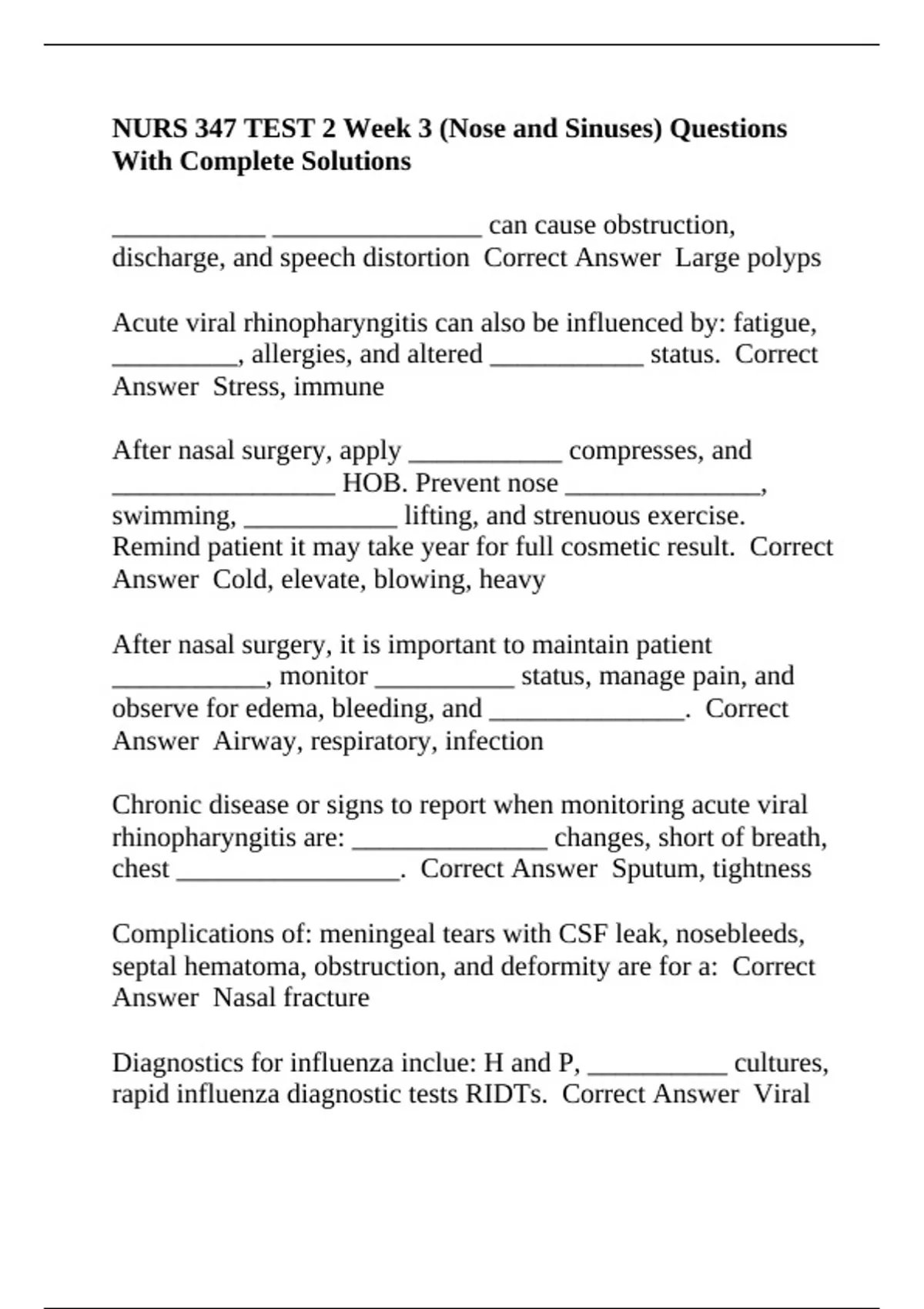 NURS 347 TEST 2 Week 3 (Nose and Sinuses) Questions With Complete ...