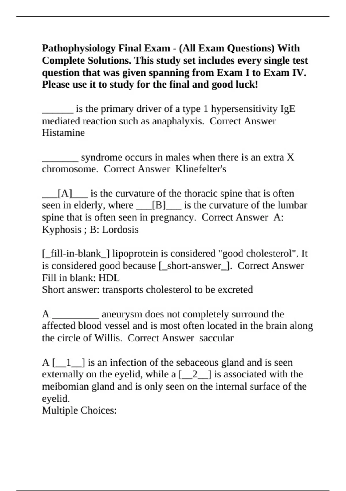 Pathophysiology Final Exam - (All Exam Questions) With Complete ...