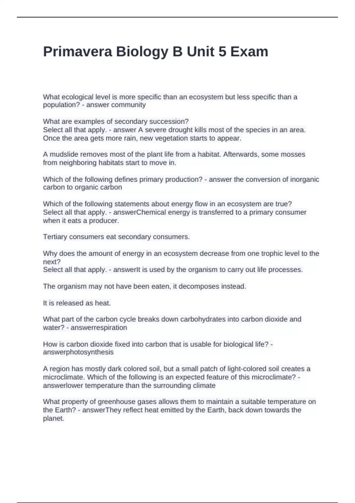 Primavera Biology B Unit 5 Exam Questions and Answers Fully Solved ...