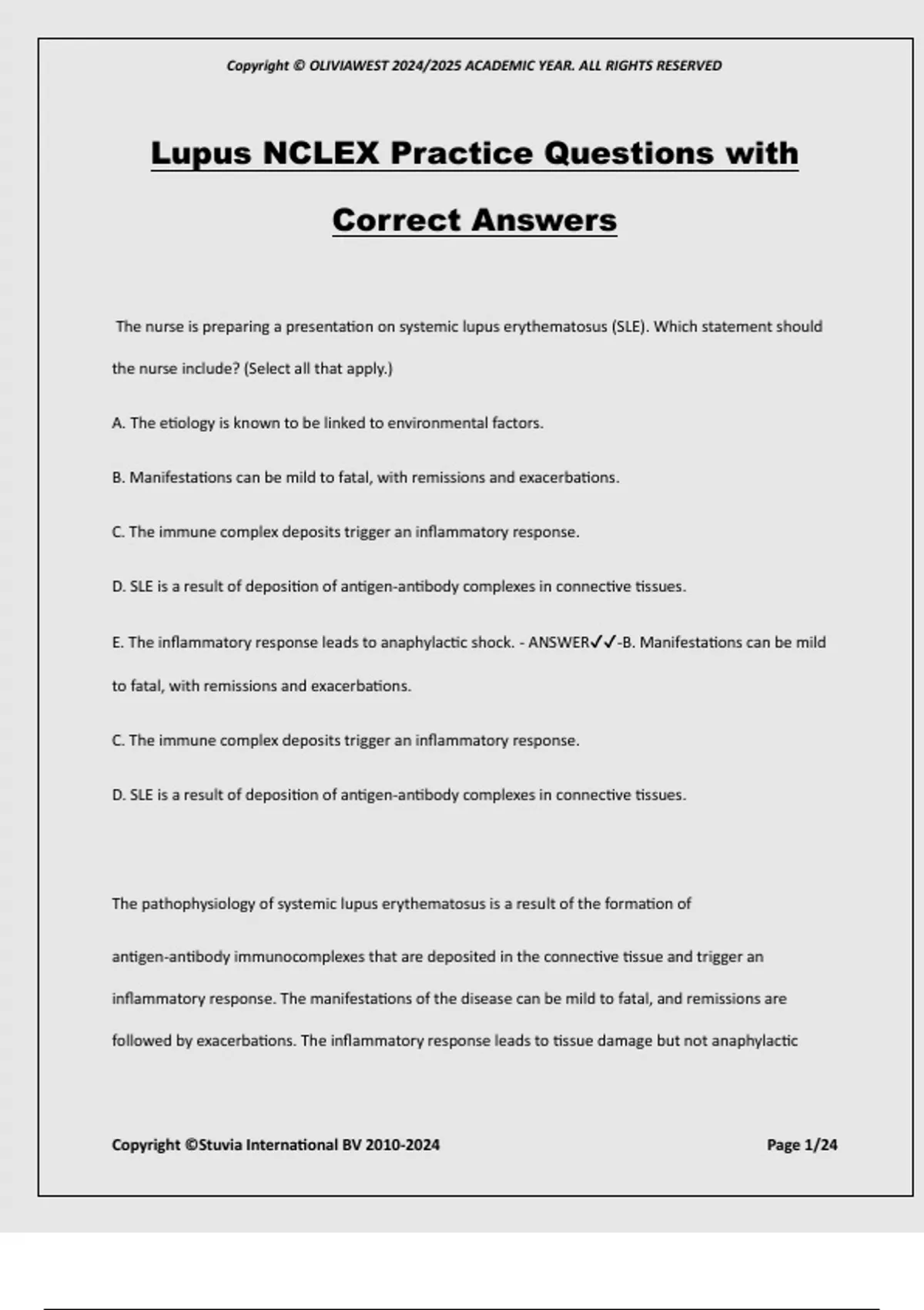 Lupus NCLEX Practice Questions with Correct Answers - Prep Tests ...