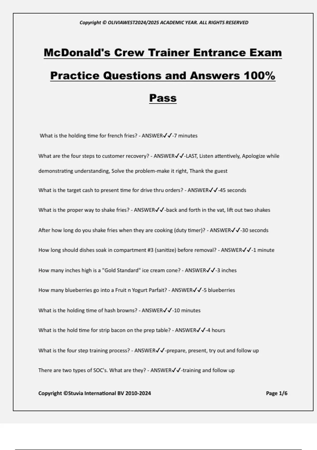 McDonald's Crew Trainer Entrance Exam Practice Questions and Answers ...