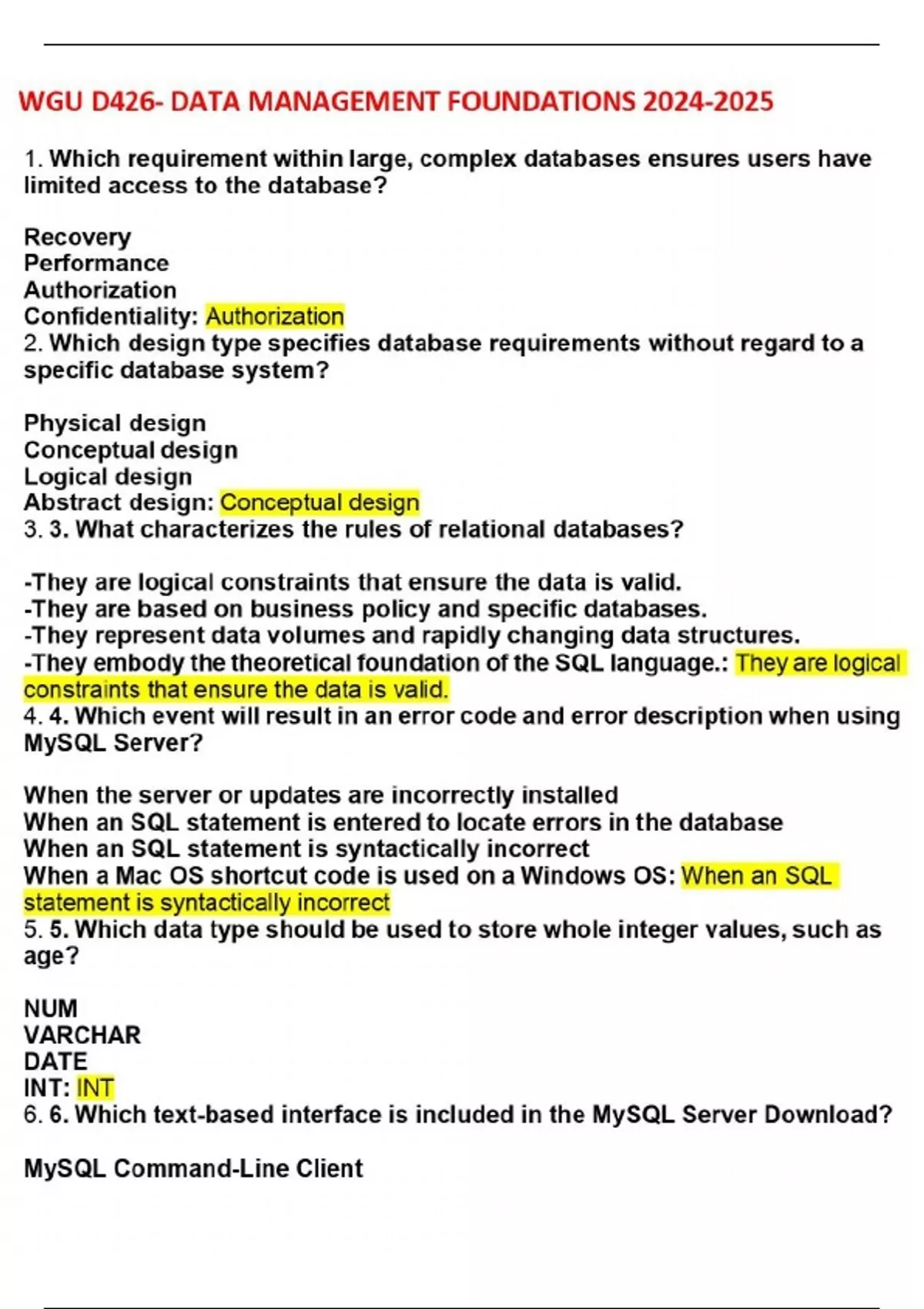 WGU D426- DATA MANAGEMENT FOUNDATIONS - WGU D426 - Stuvia US