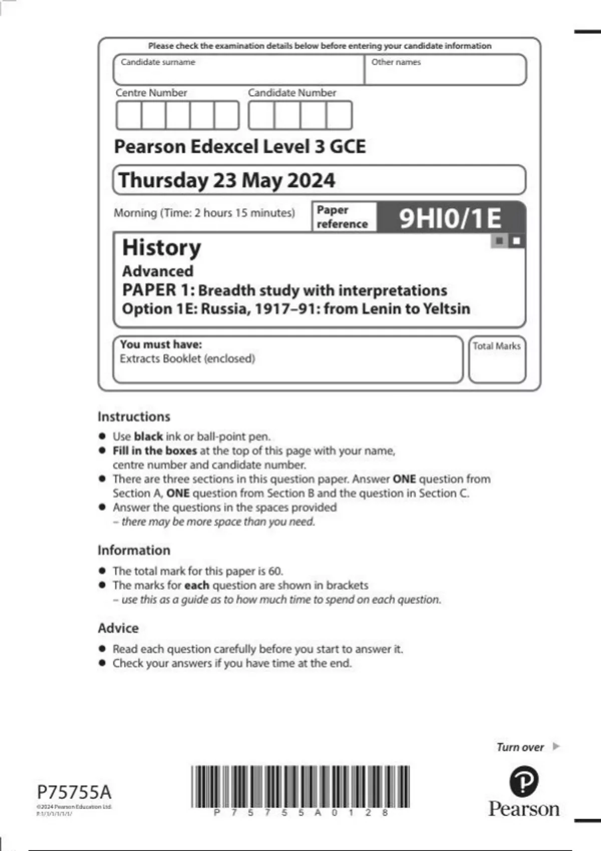 Pearson Edexcel Level 3 GCE History Advanced PAPER 1: Breadth study ...