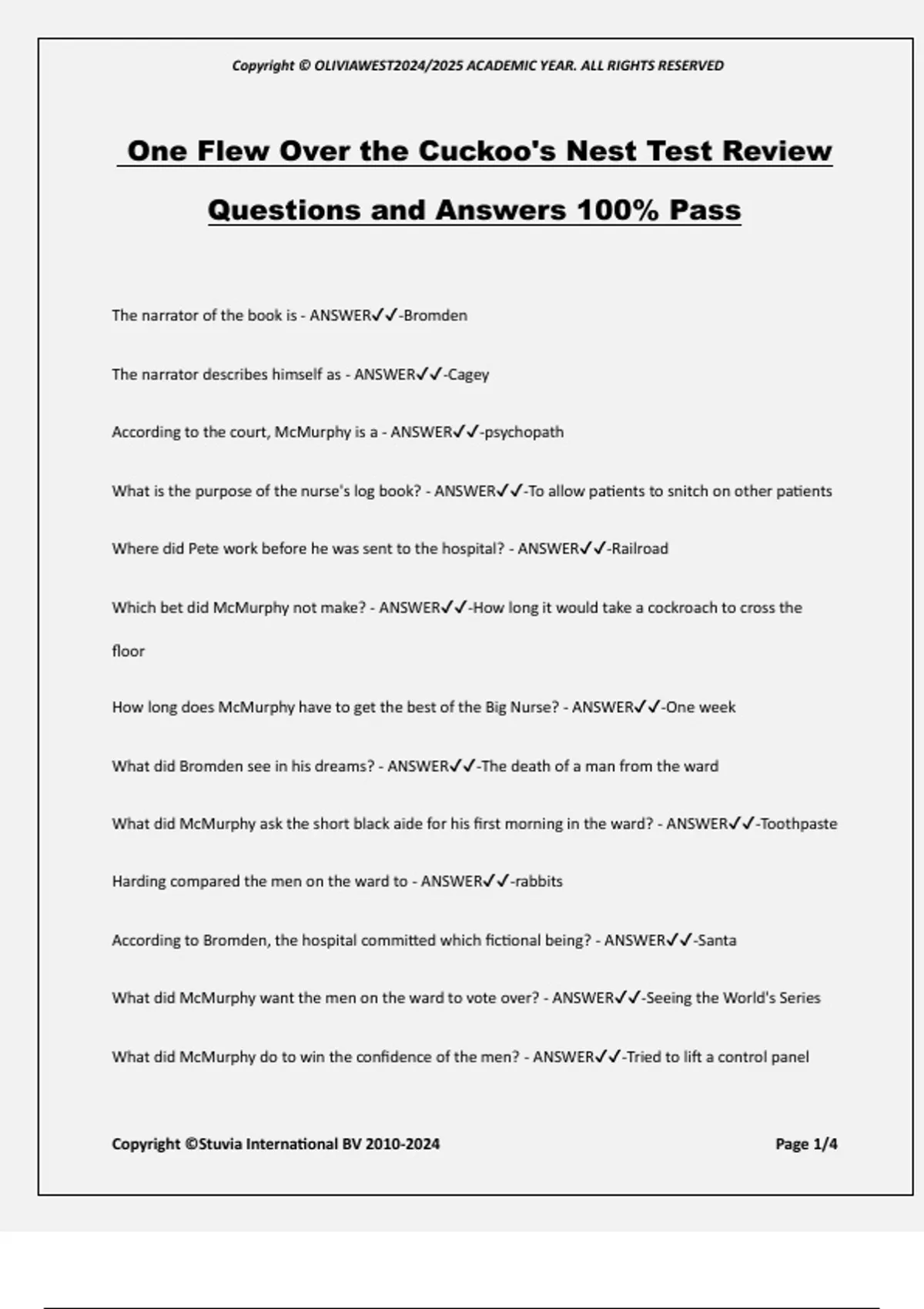 One Flew Over the Cuckoo's Nest Test Review Questions and Answers 100% ...