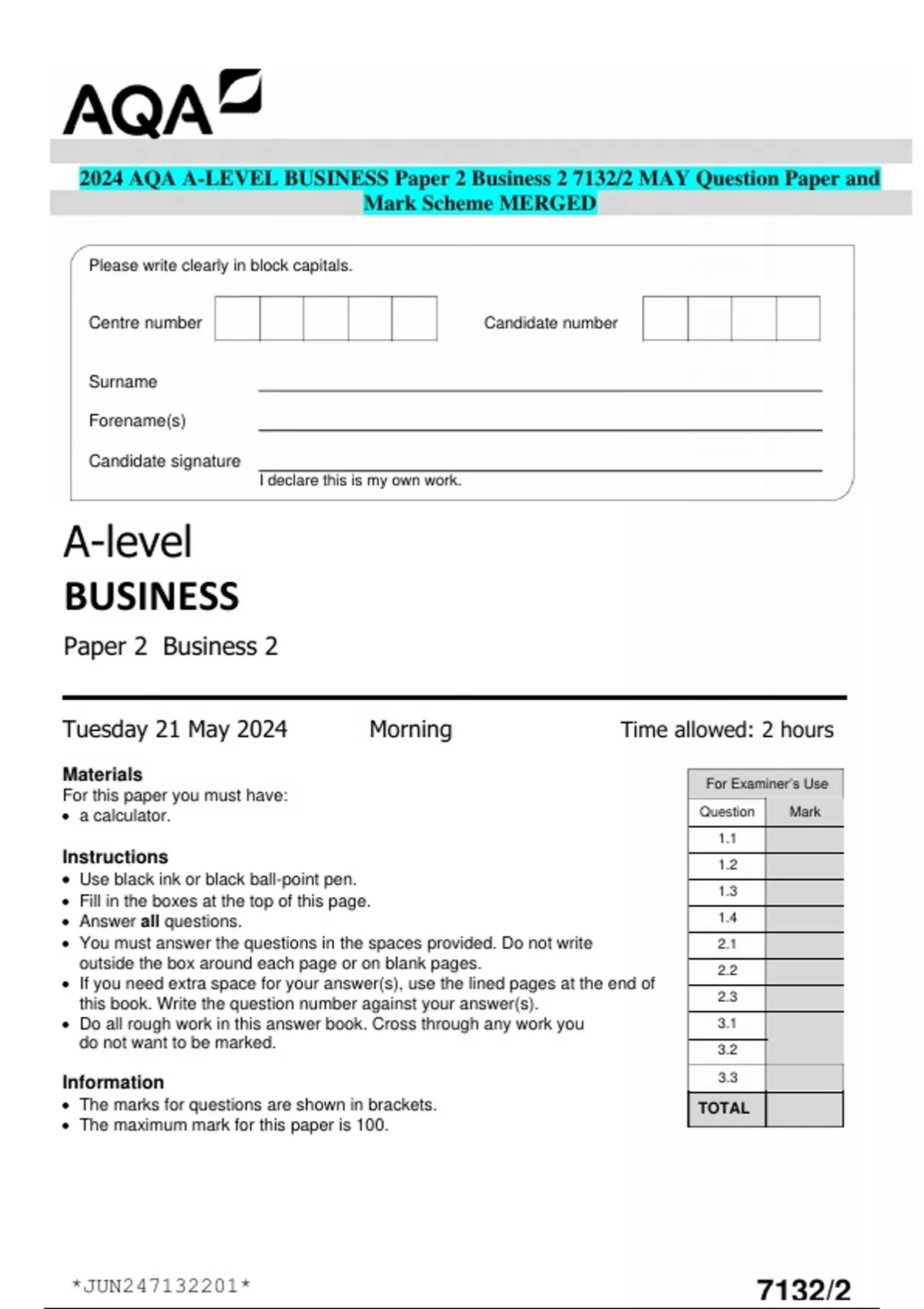 EXAMS BUNDLE:::::2024 AQA A-LEVEL BUSINESS | Question Papers and Mark ...