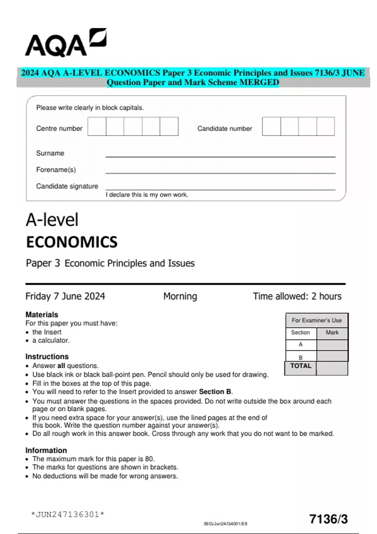 2024 AQA A-LEVEL ECONOMICS Paper 3 Economic Principles and Issues 7136/ ...
