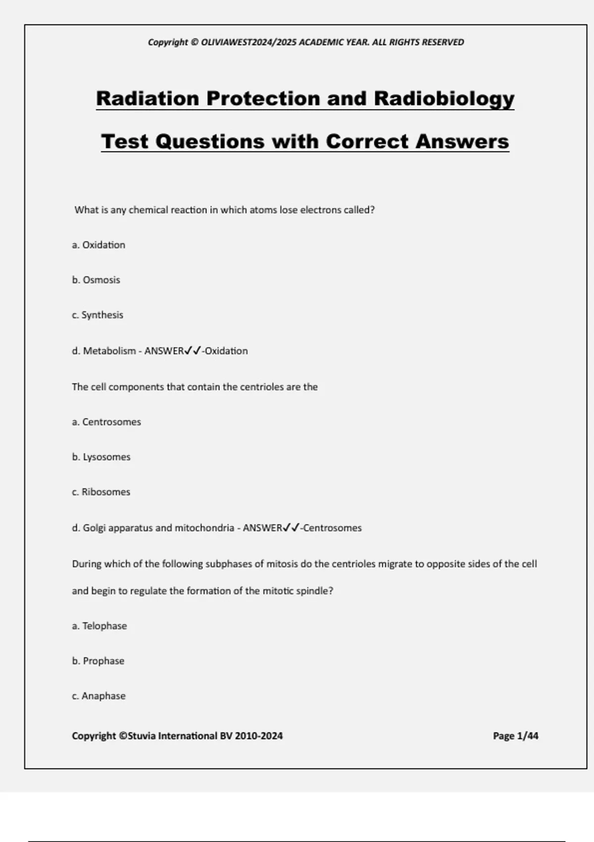 Radiation Protection and Radiobiology Test Questions with Correct ...
