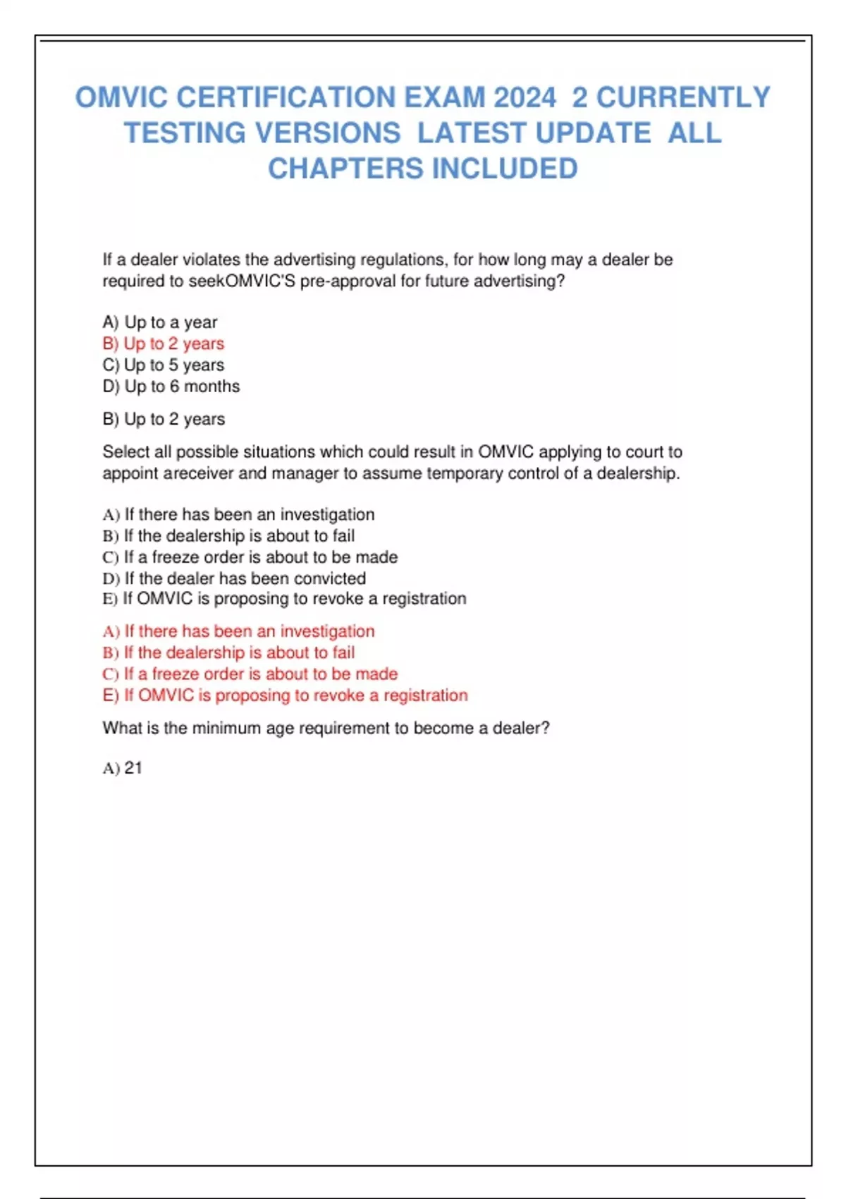 OMVIC CERTIFICATION EXAM 2024 2 CURRENTLY TESTING VERSIONS LATEST ...