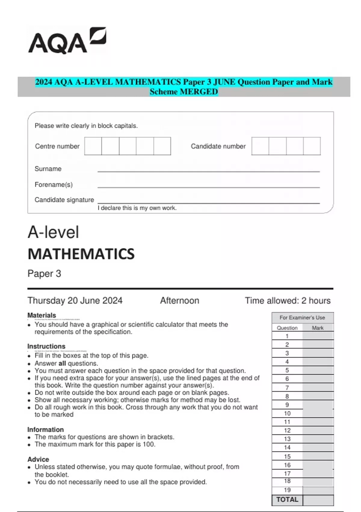 2024 AQA A-LEVEL MATHEMATICS Paper 3 JUNE Question Paper and Mark ...