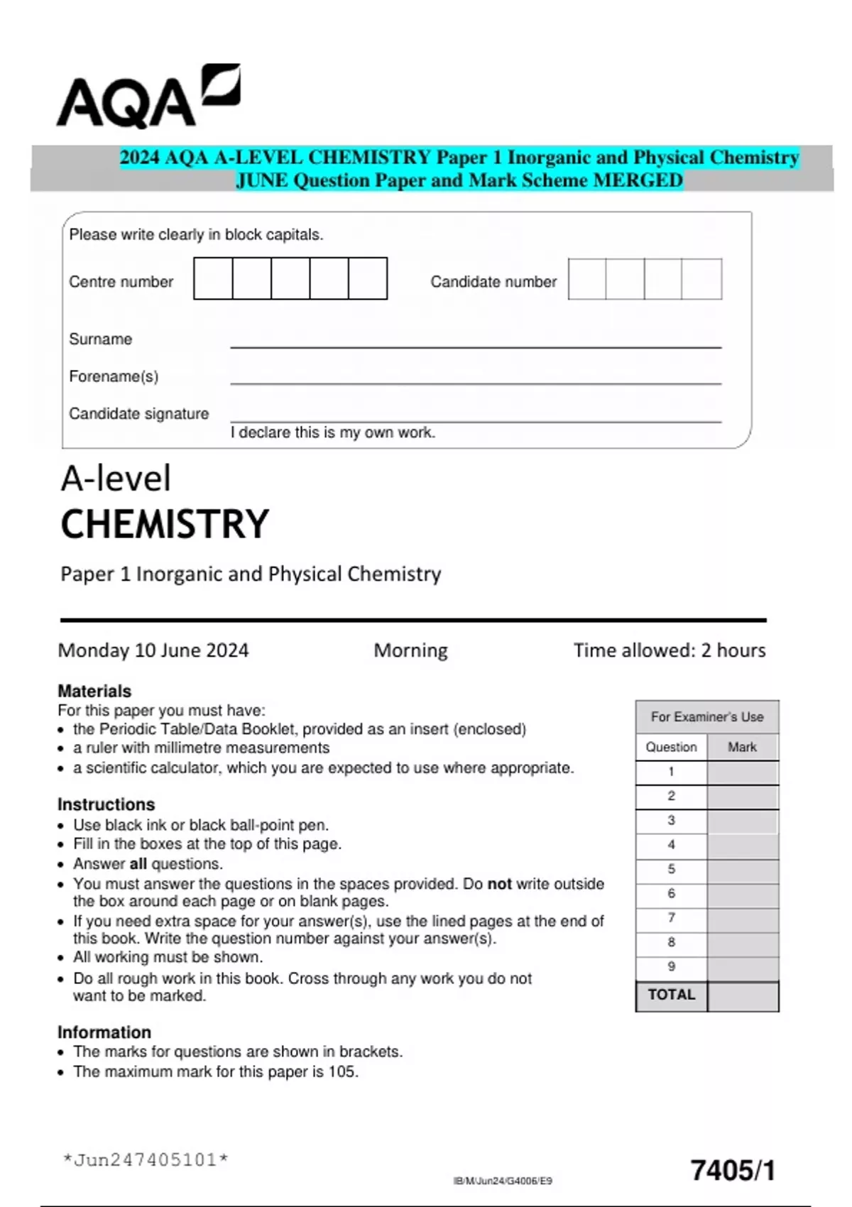 2024 AQA A-LEVEL CHEMISTRY Paper 1 Inorganic and Physical Chemistry ...