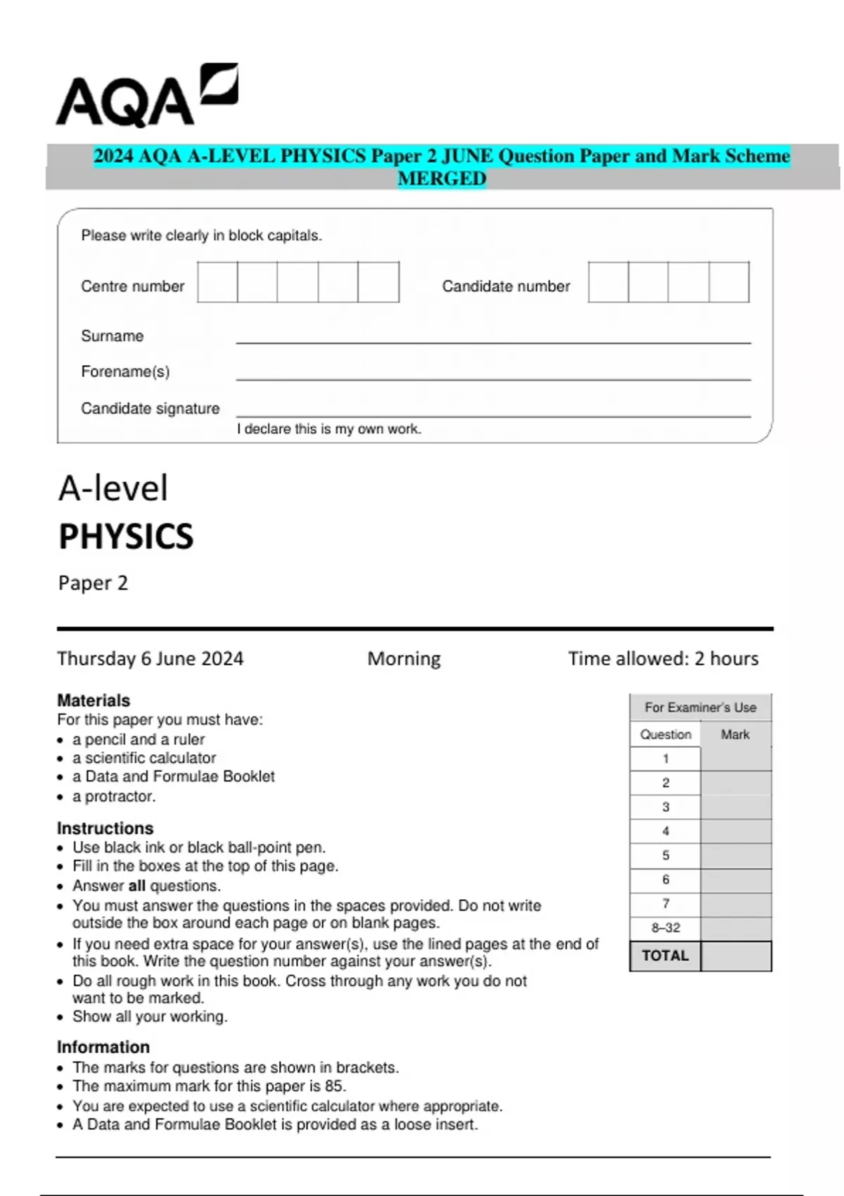 PACKAGE DEAL::::2024 AQA A-LEVEL PHYSICS Question Paper and Mark Scheme ...