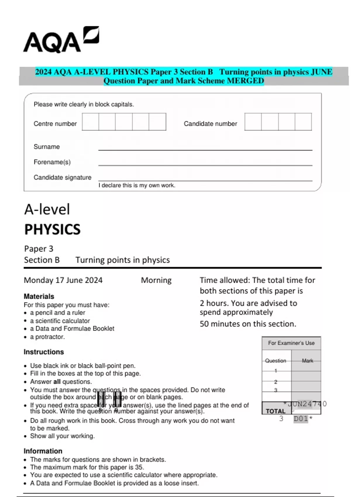 2024 AQA A-LEVEL PHYSICS Paper 3 Section B Turning points in physics JUNE Question Paper and ...