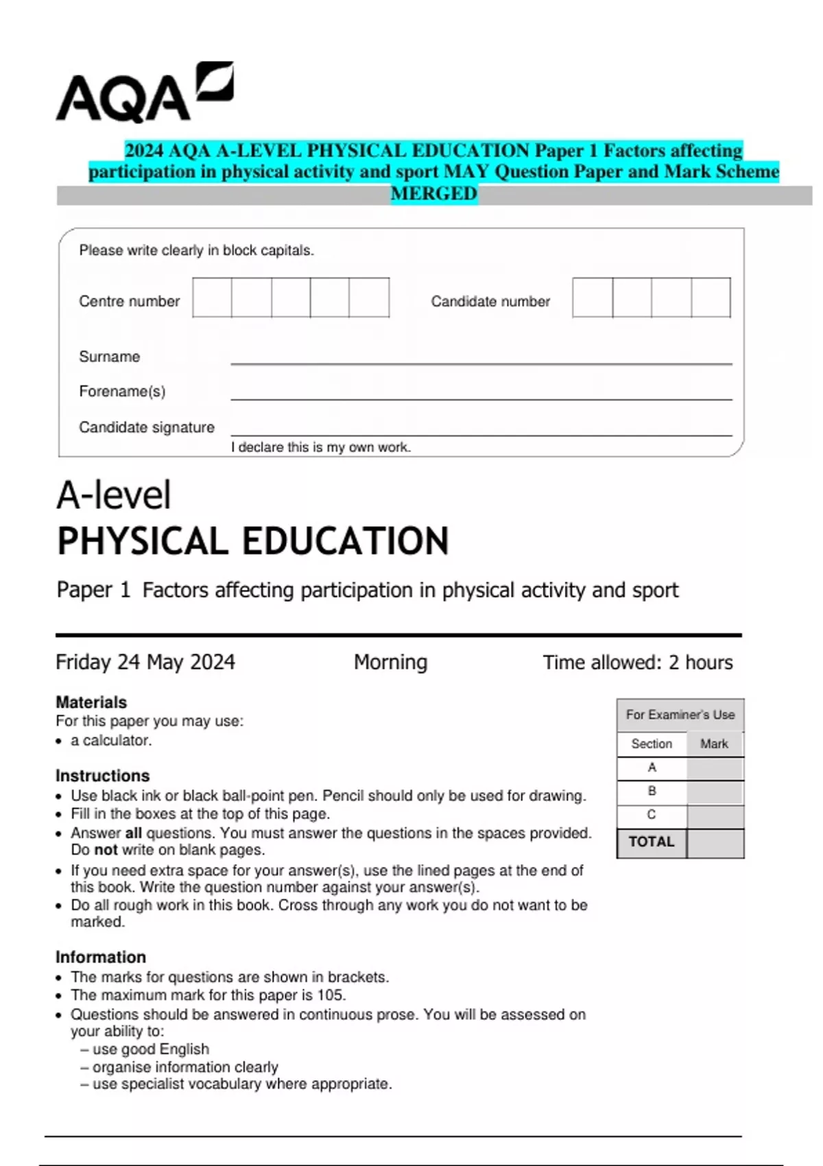 2024 AQA A-LEVEL PHYSICAL EDUCATION Paper 1 Factors affecting ...