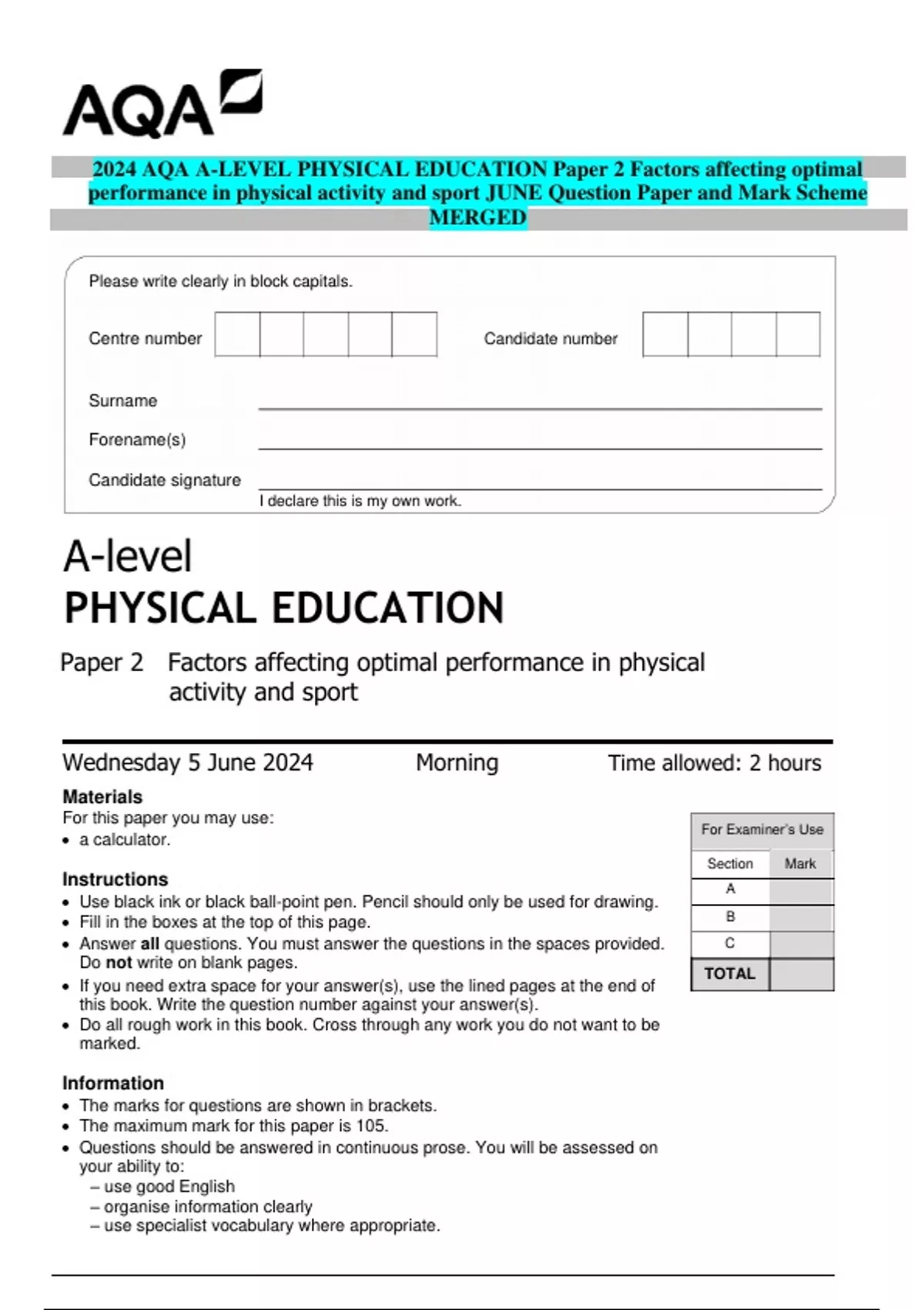 2024 AQA A-LEVEL PHYSICAL EDUCATION Paper 2 Factors affecting optimal ...