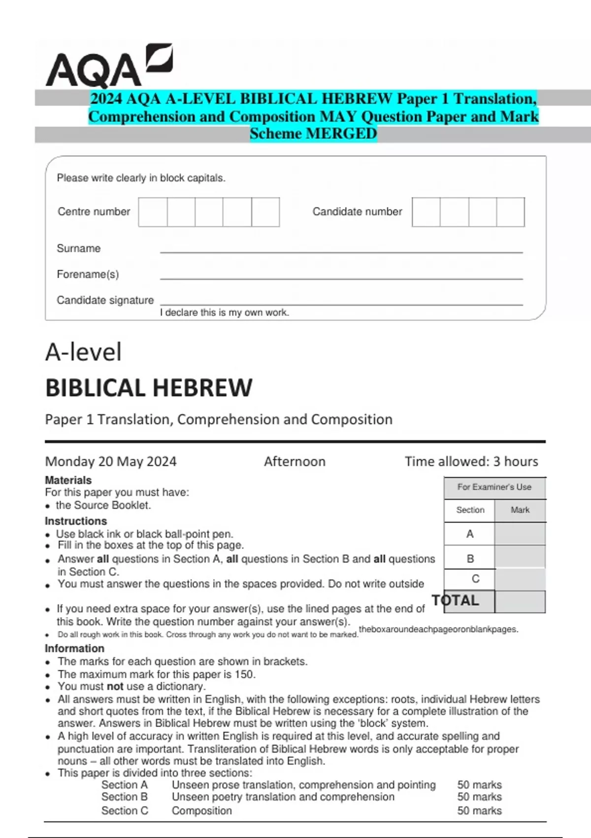 2024 AQA A-LEVEL BIBLICAL HEBREW Paper 1 Translation, Comprehension and ...