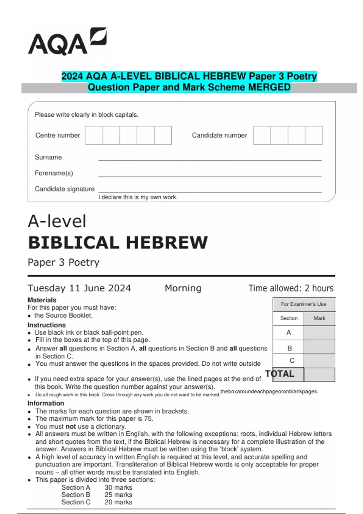 2024 AQA A-LEVEL BIBLICAL HEBREW Paper 3 Poetry Question Paper and Mark ...