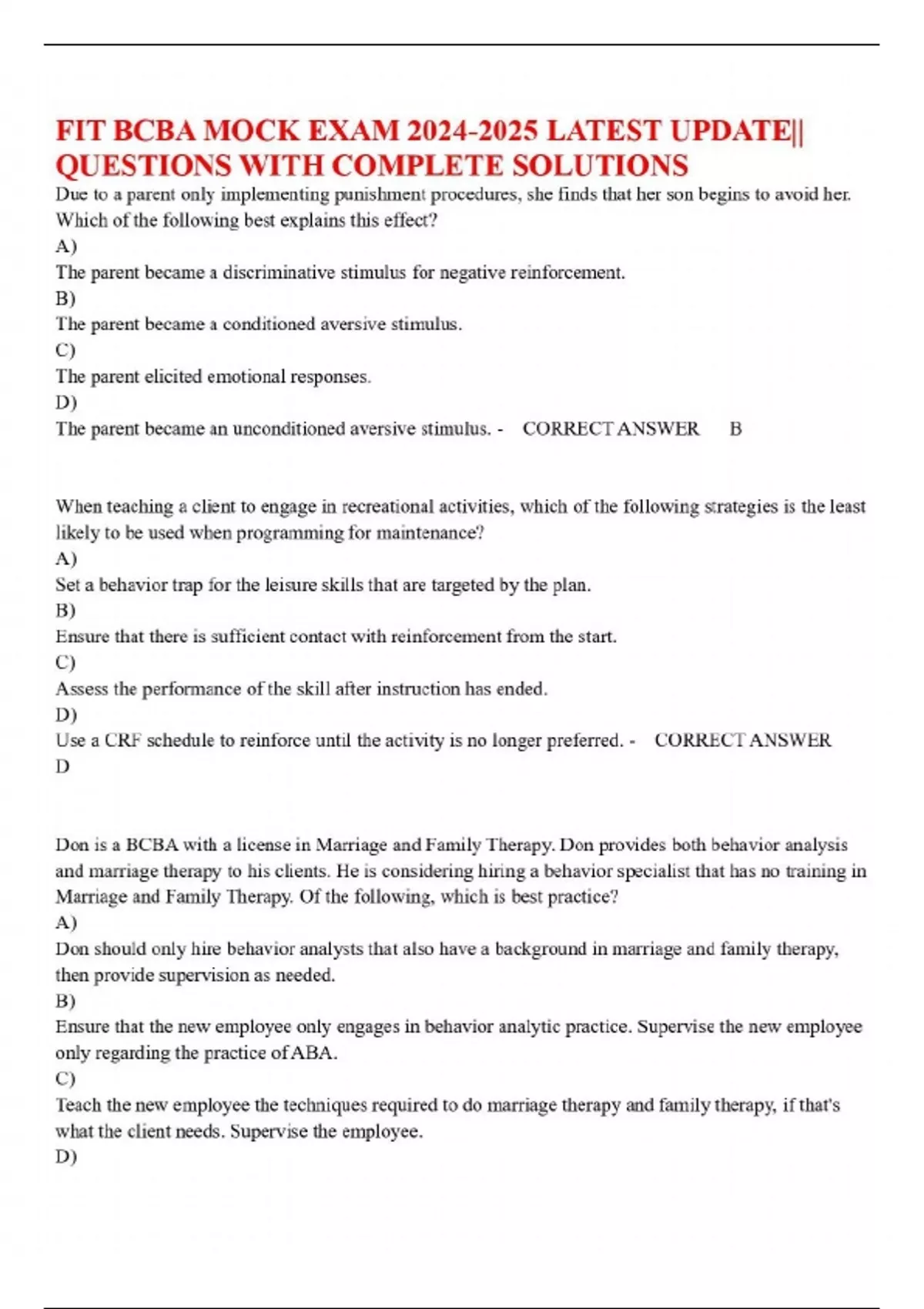FIT BCBA MOCK EXAM LATEST UPDATE|| QUESTIONS WITH COMPLETE SOLUTIONS ...