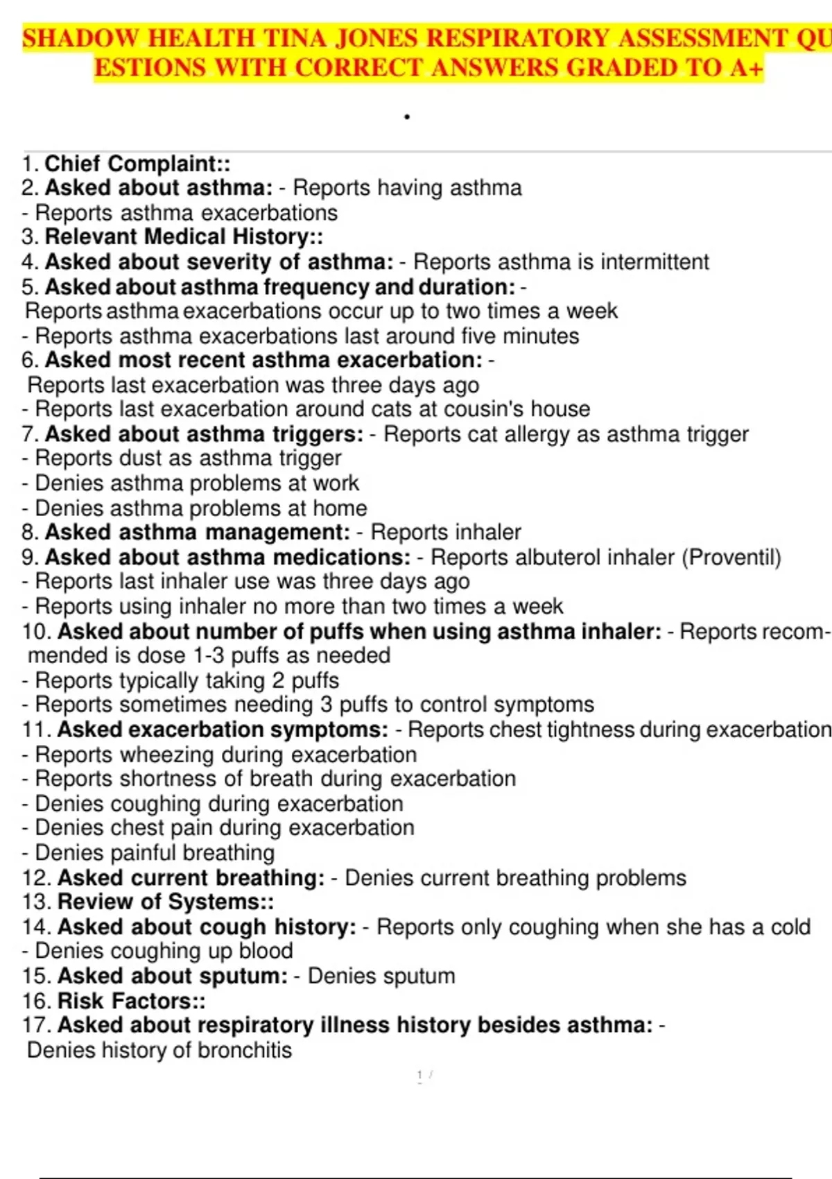 SHADOW HEALTH TINA JONES RESPIRATORY ASSESSMENT QUESTIONS WITH CORRECT ...
