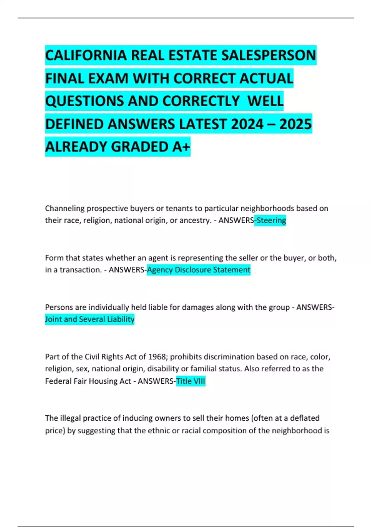 CALIFORNIA REAL ESTATE SALESPERSON FINAL EXAM WITH CORRECT ACTUAL QUESTIONS AND CORRECTLY WELL ...