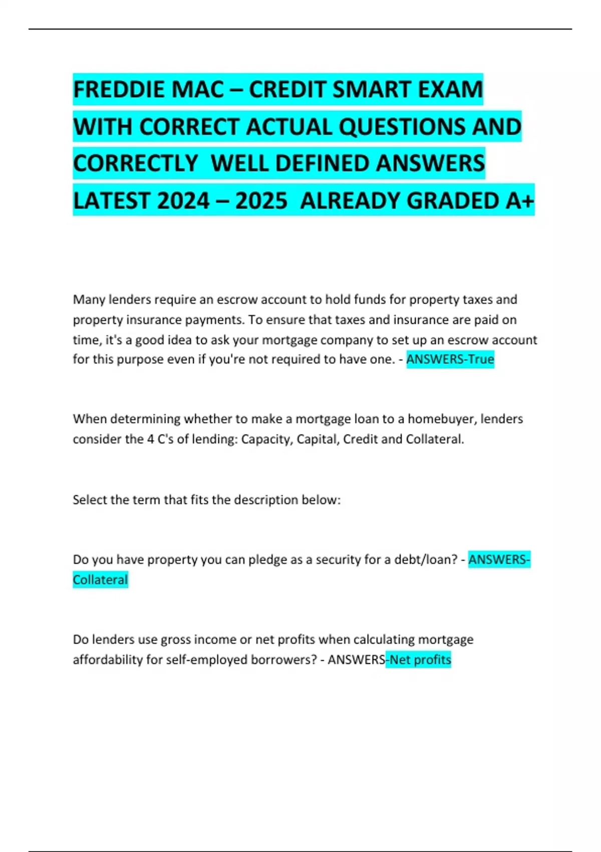 FREDDIE MAC – CREDIT SMART EXAM WITH CORRECT ACTUAL QUESTIONS AND ...