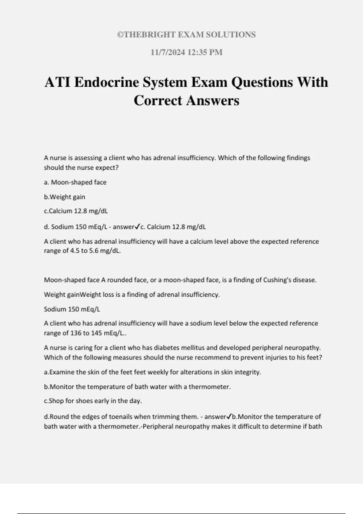 ATI Endocrine System Exam Questions With Correct Answers - ATI - Stuvia US