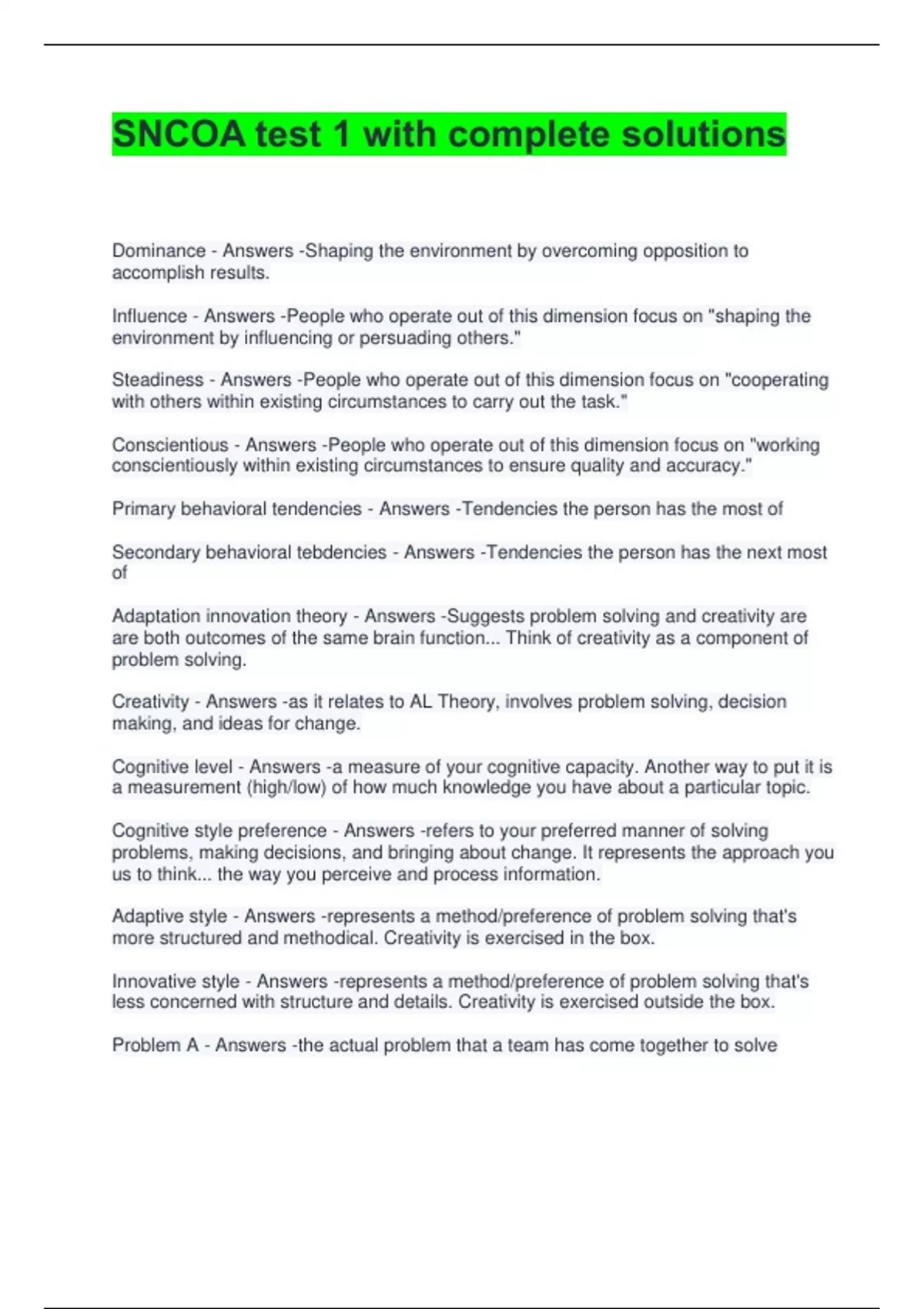 SNCOA test 1 with complete solutions - SNCOA - Stuvia US