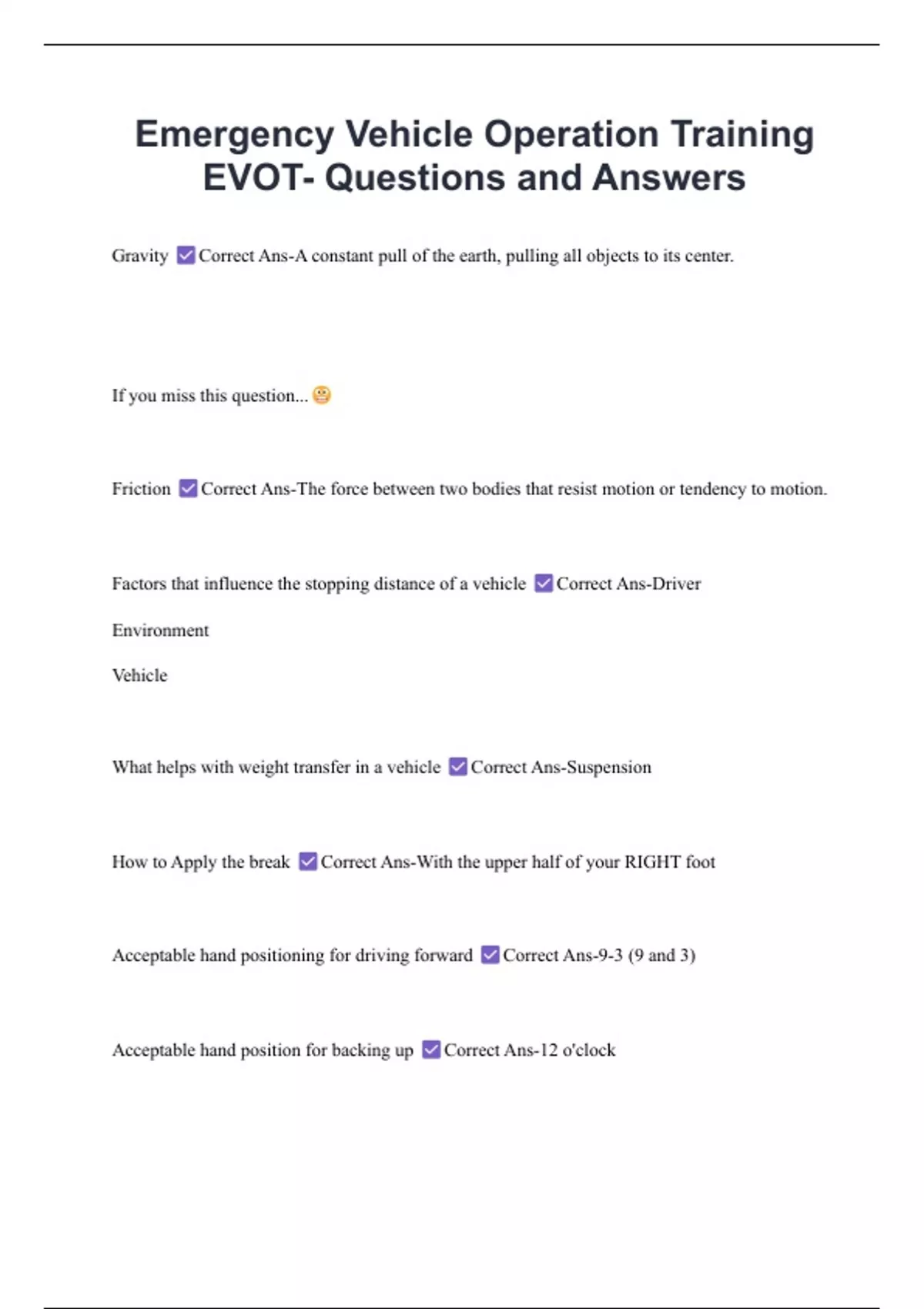 Emergency Vehicle Operation Training EVOT- Questions and Answers - EVOT - Stuvia US