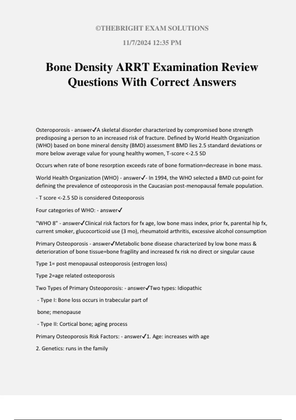 Bone Density ARRT Examination Review Questions With Correct Answers ...